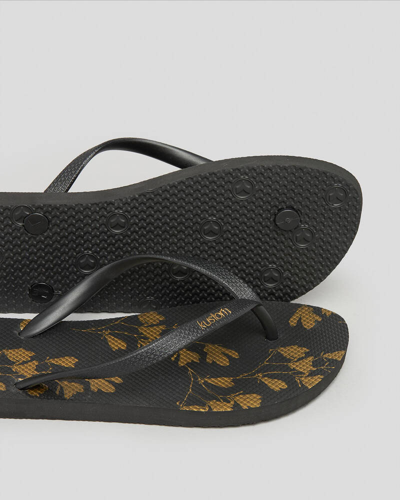 Shop Kustom Classic Gold Floral Thongs In Black - Fast Shipping & Easy ...
