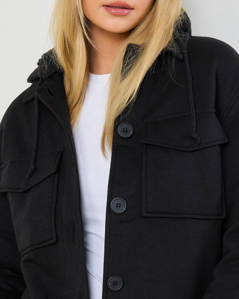 Shop Mooloola Claudia Hooded Shacket In Black/black - Fast Shipping ...