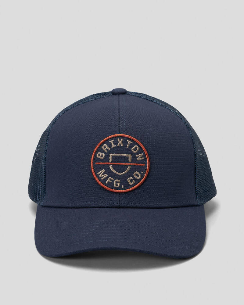 Shop Brixton Crest Netplus MP Trucker Cap In Washed Navy/oatmeal ...