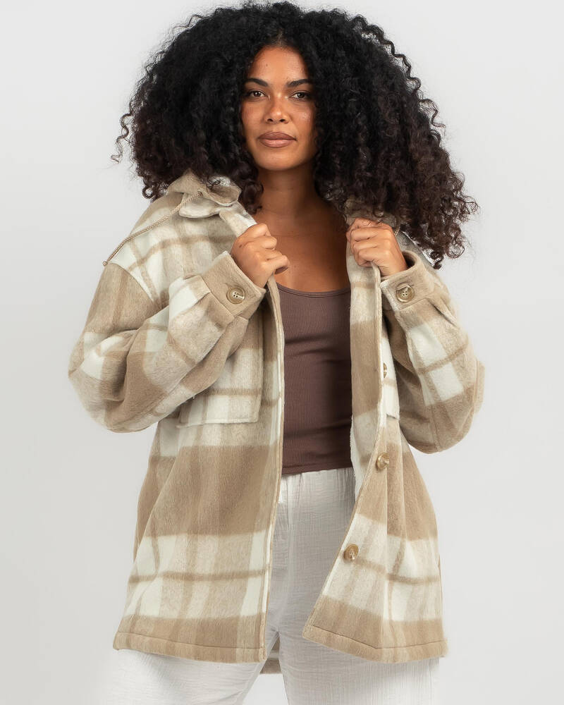 Shop Mooloola Flynn Hooded Shacket In Cream/latte - Fast Shipping ...