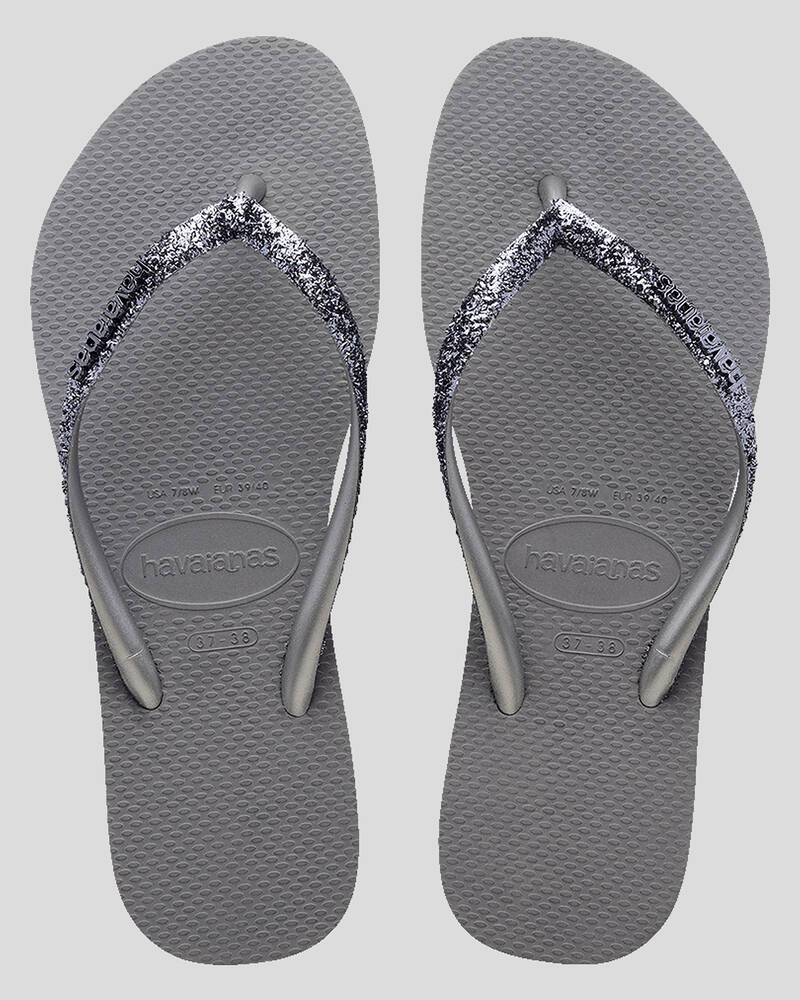 Shop Havaianas Slim Metal Logo Glitter II Thongs In Steel Grey - Fast ...