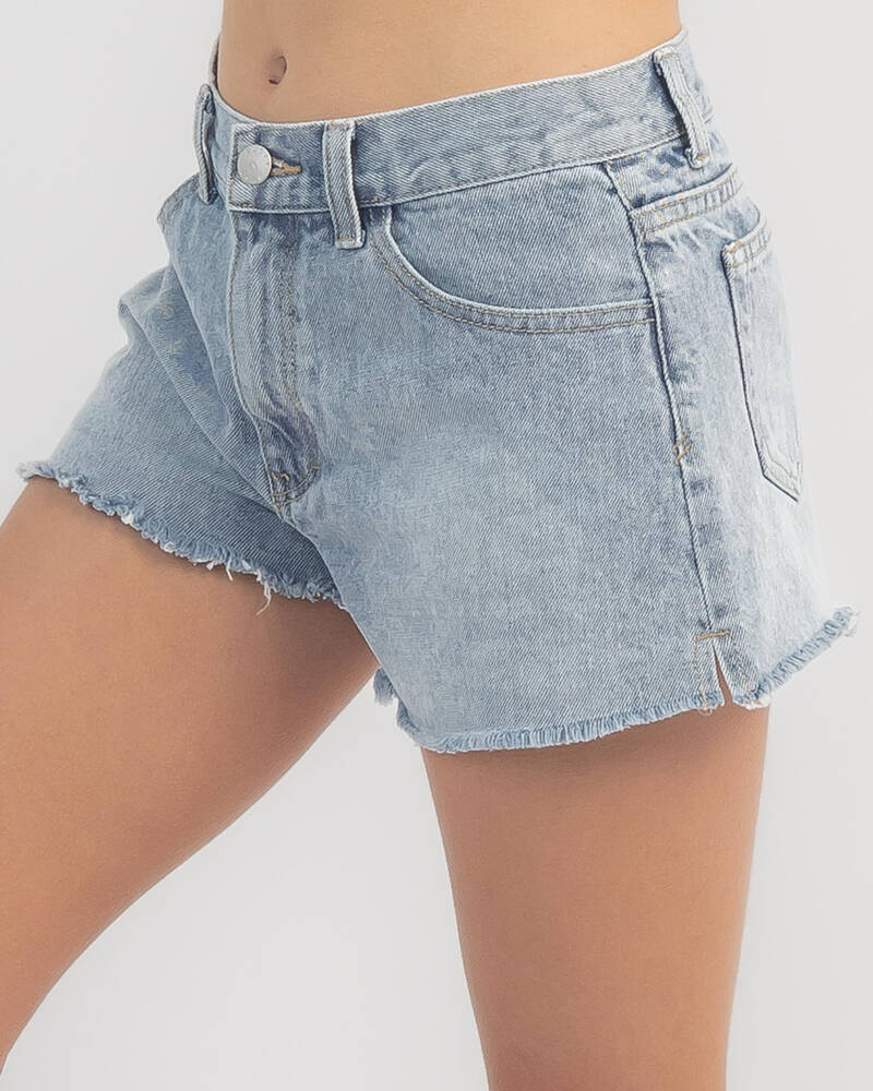 Shop Rusty Girls' Penny Kick Flare Denim Shorts In Sky Blue - Fast ...