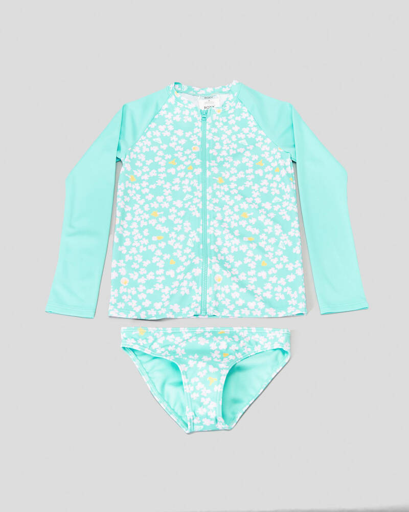 Shop Roxy Toddlers' Teenie Ditsy Long Sleeve Rash Vest Set In Aruba ...