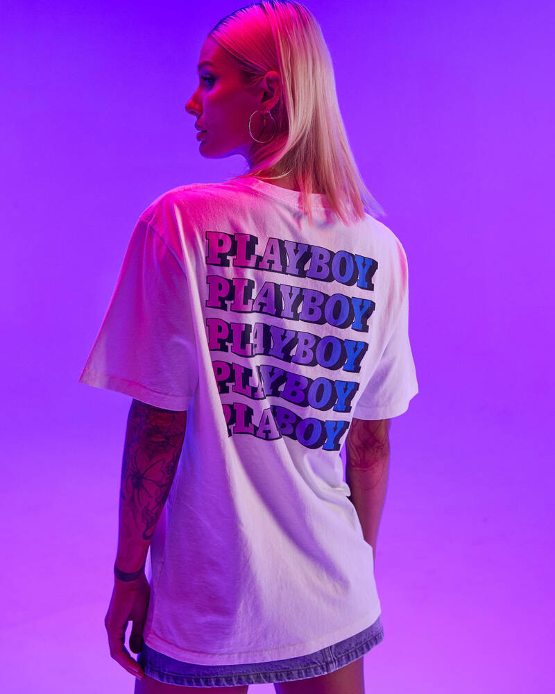 Shop Playboy PB Gradient Stacked Original Fit T-Shirt In White - Fast Shipping & Easy Returns ...