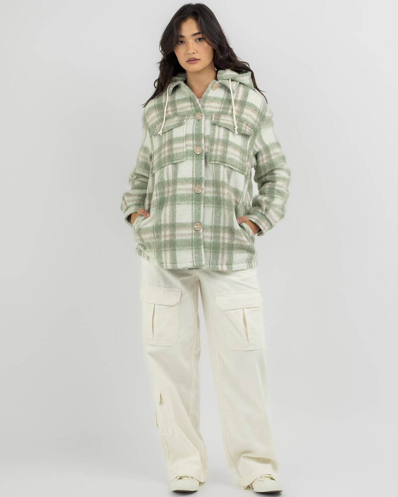Shop Mooloola Flynn Hooded Shacket In Cream/sage - Fast Shipping & Easy ...