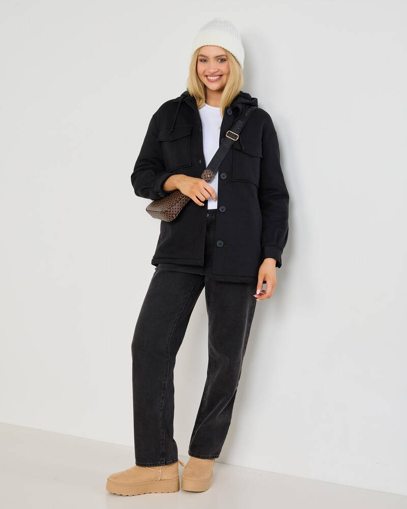 Shop Mooloola Claudia Hooded Shacket In Black/black - Fast Shipping ...
