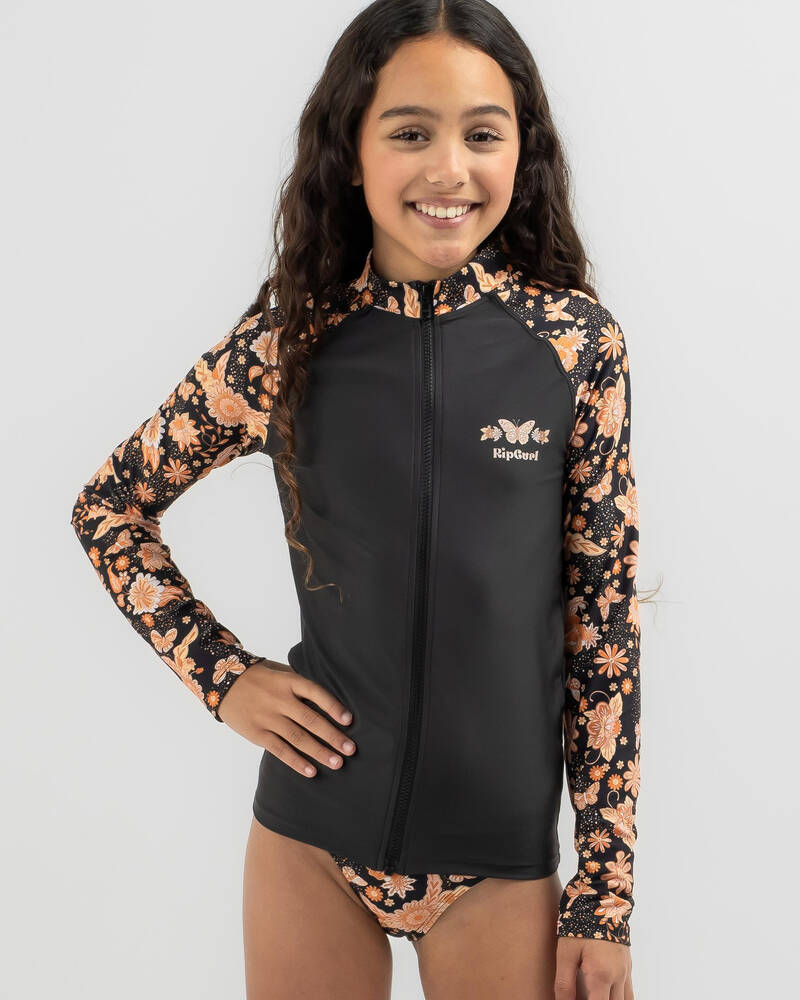Shop Rip Curl Girls' Sun Catcher Long Sleeve Zip Rash Vest In Washed ...