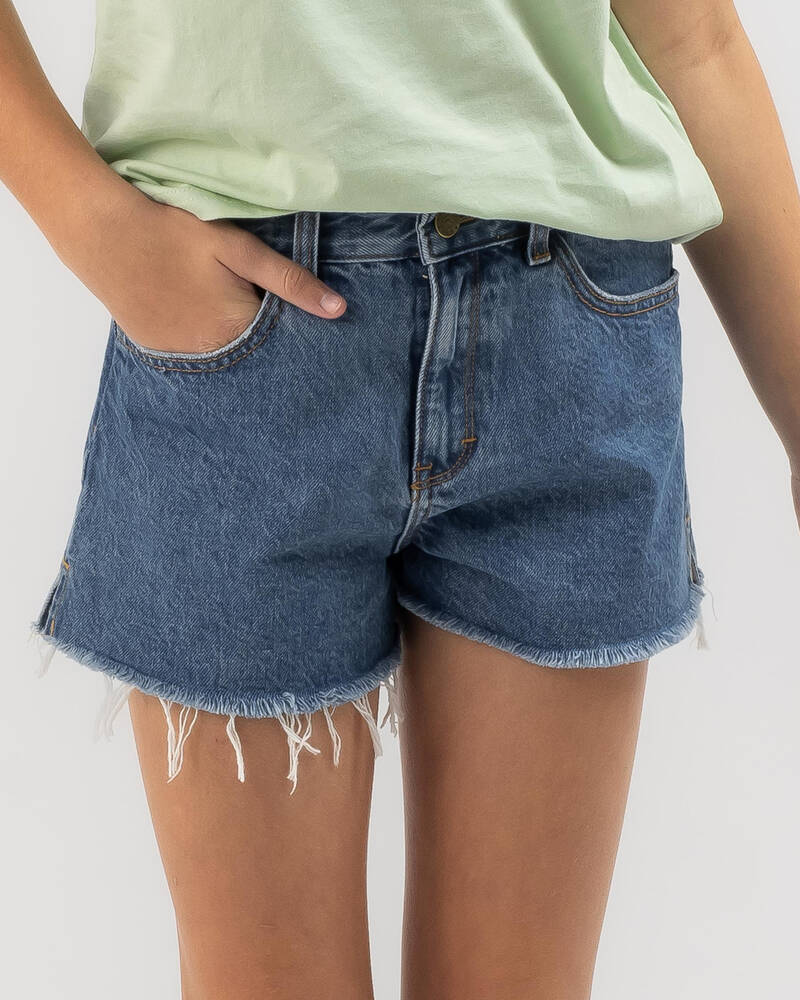 Shop Rusty Girls' Penny Kick Flare Denim Shorts In Sea Blue - Fast ...