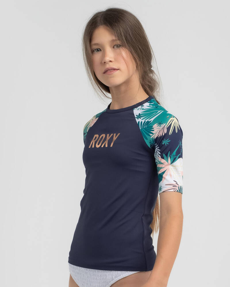 Shop Roxy Girls' Go Further Short Sleeve Rash Vest In Mood Indigo Tropical Storm Sun - Fast ...
