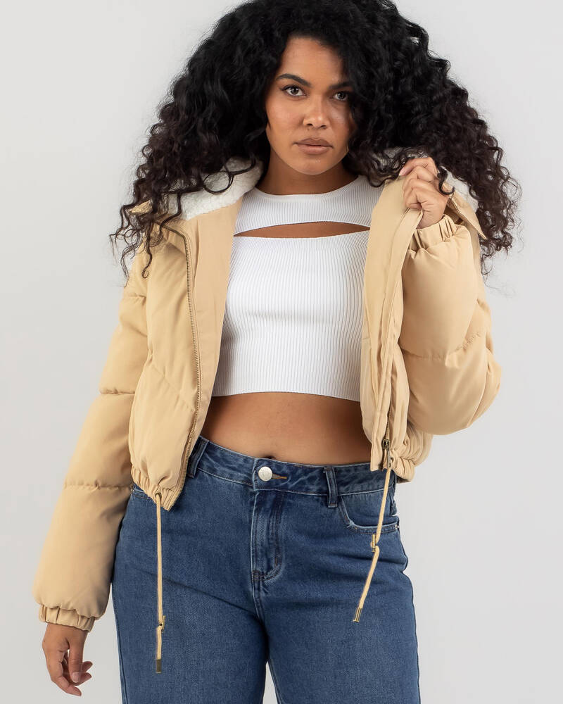 Shop Mooloola Avalon Puffer Jacket In Taupe/cream - Fast Shipping ...