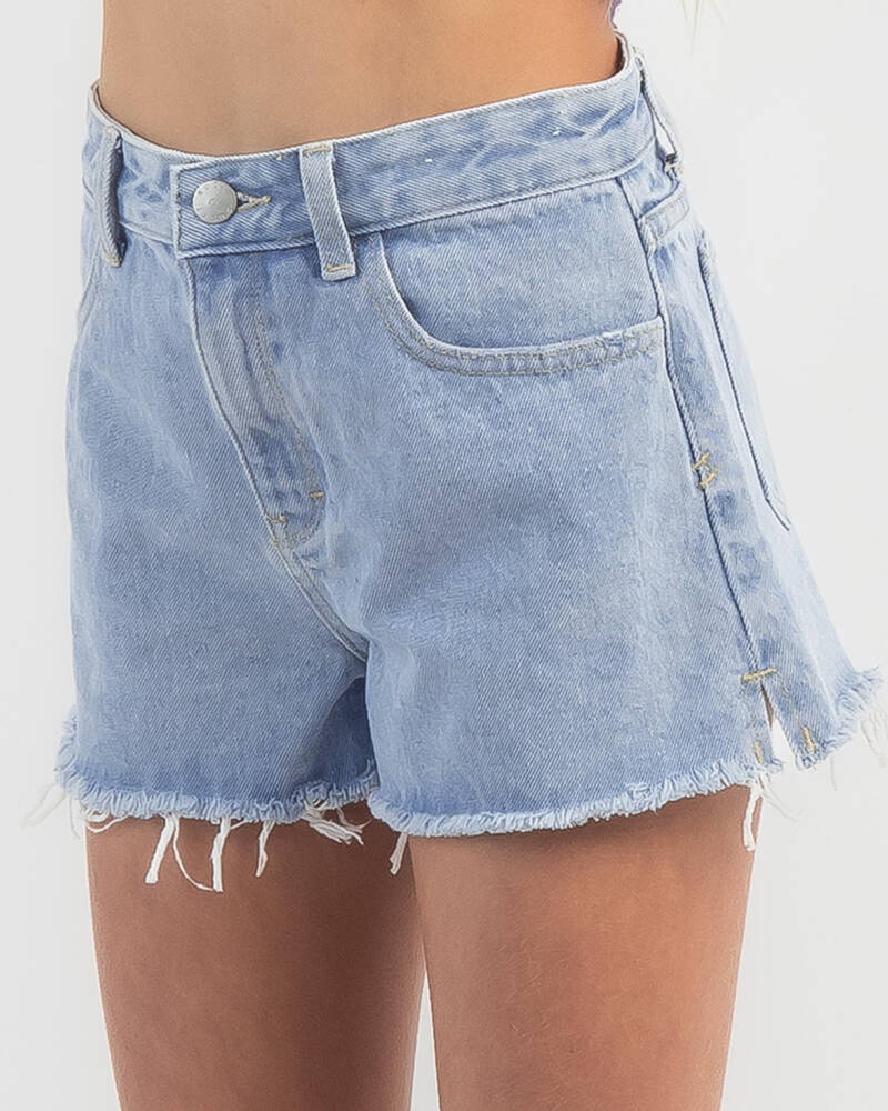 Shop Rusty Girls' Penny Kick Flare Denim Shorts In Sky Blue Heather ...
