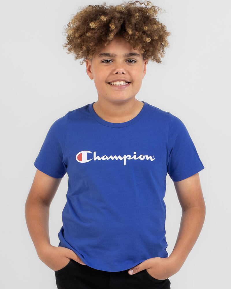 Shop Champion Boys' Script T-Shirt In Blue Melody - Fast Shipping ...