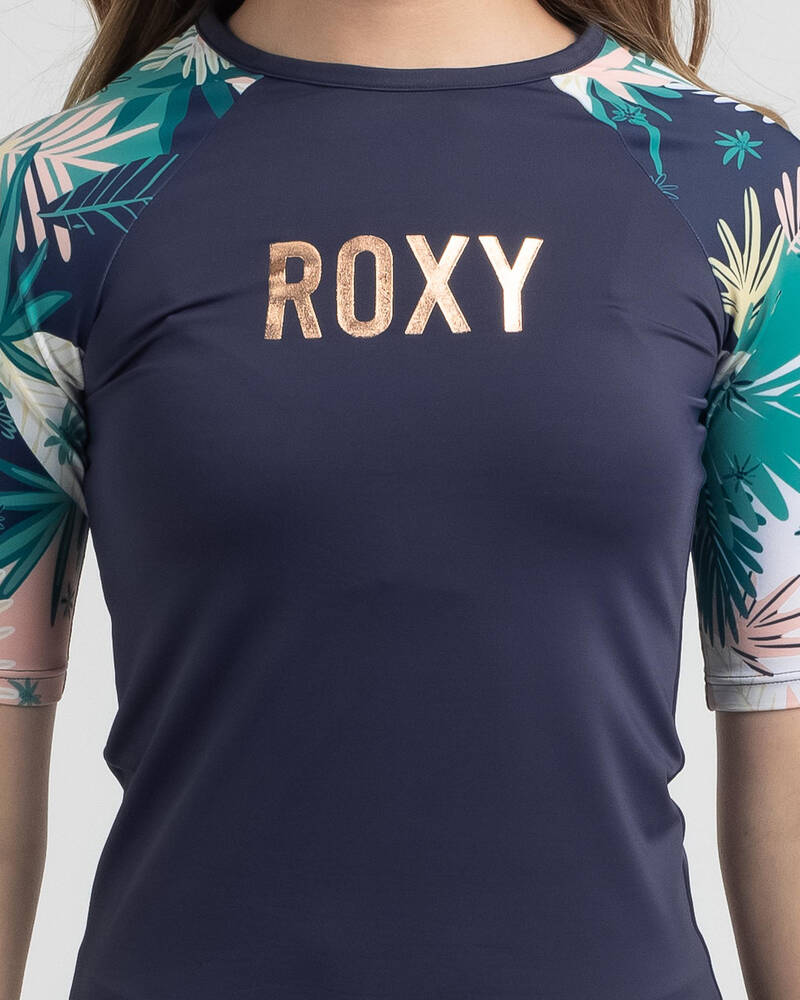 Shop Roxy Girls' Go Further Short Sleeve Rash Vest In Mood Indigo ...