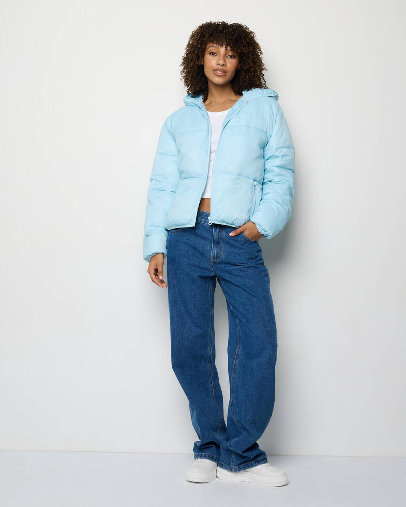 Shop Roxy Keep On Rolling Hooded Puffer Jacket In Cool Blue - Fast ...
