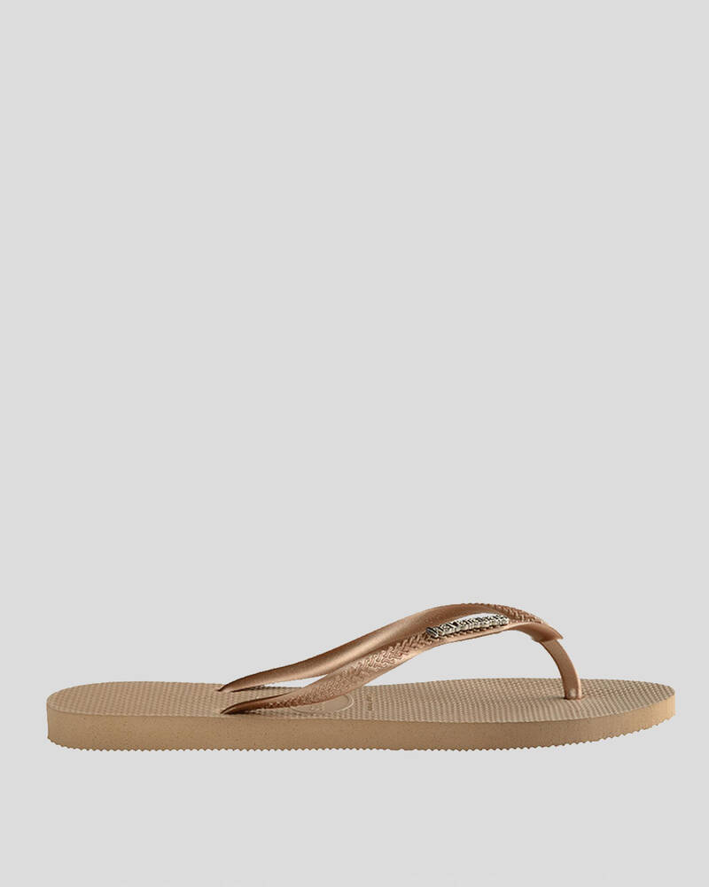 Shop Havaianas Slim Metal Logo Thongs In Rose Gold/rose Gold Silver ...