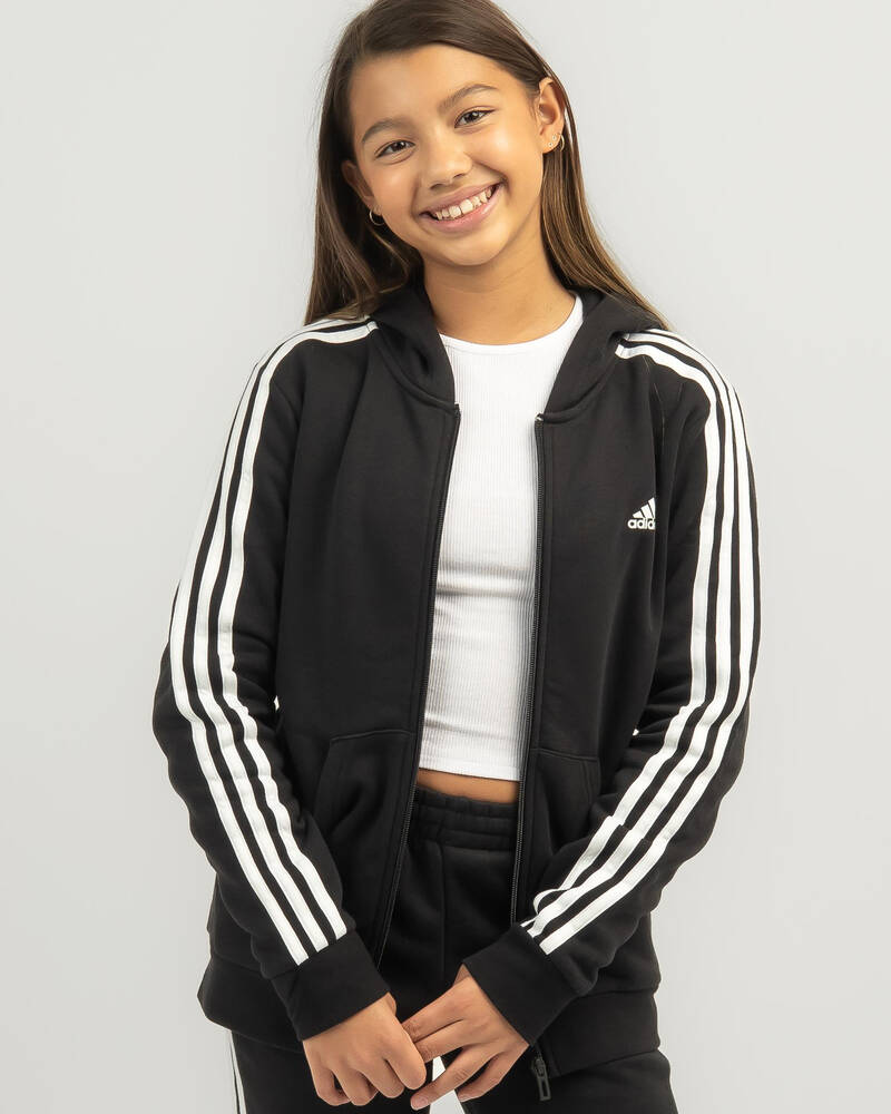 Shop adidas Girls' Essentials 3 Stripe Zip Hoodie In Black/white - Fast ...