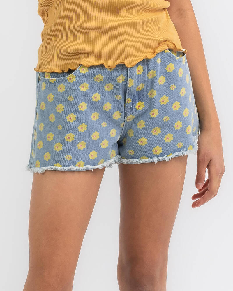 Shop Rusty Girl's Daisy Kick Flare Denim Shorts In Sky Blue - Fast ...