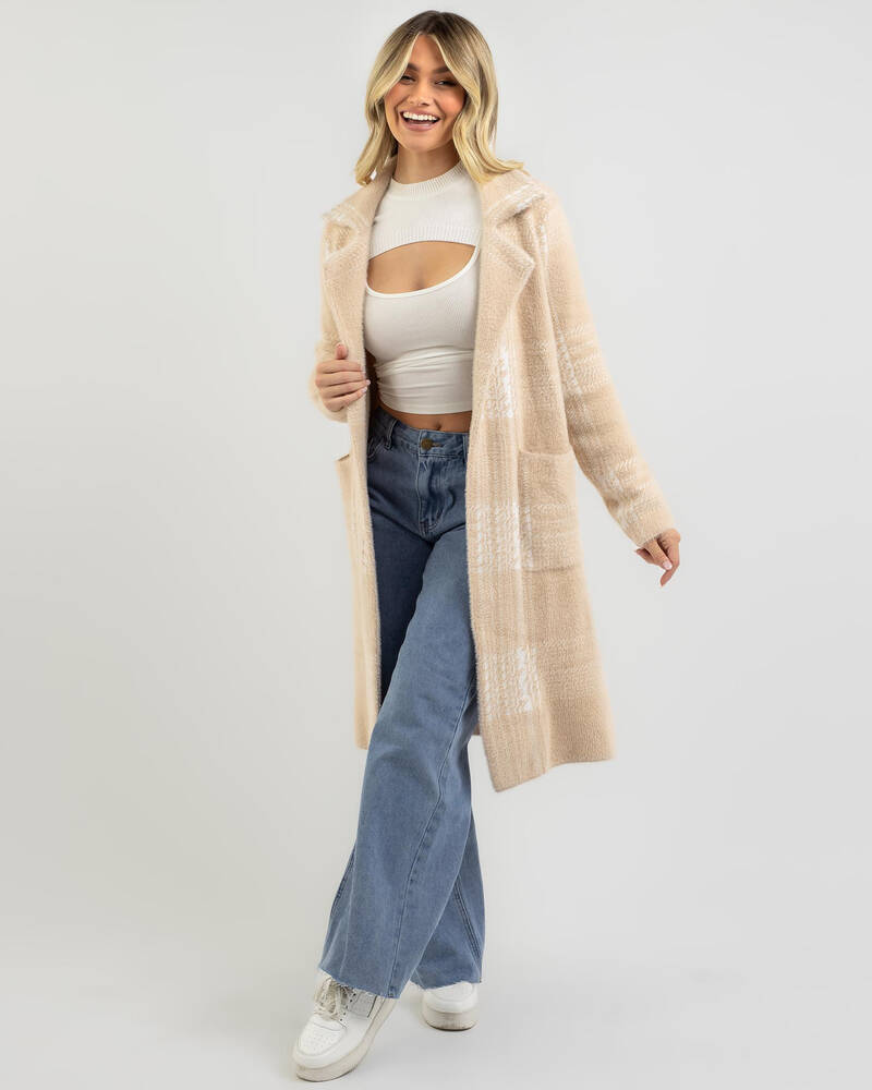 Shop Ava And Ever Victoria Knit Coatigan In Beige/white Check - Fast ...