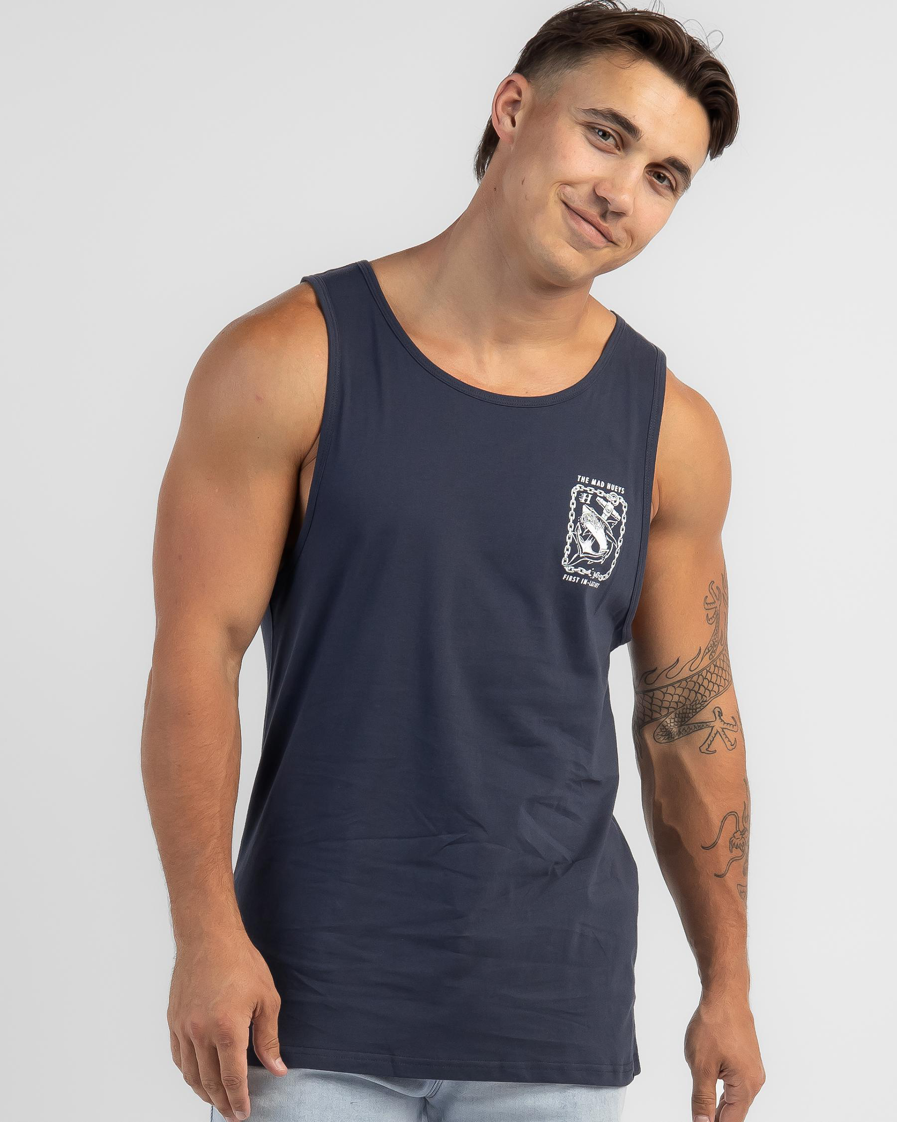 Shop The Mad Hueys Anchor Shark Muscle Tank In Navy - Fast Shipping ...