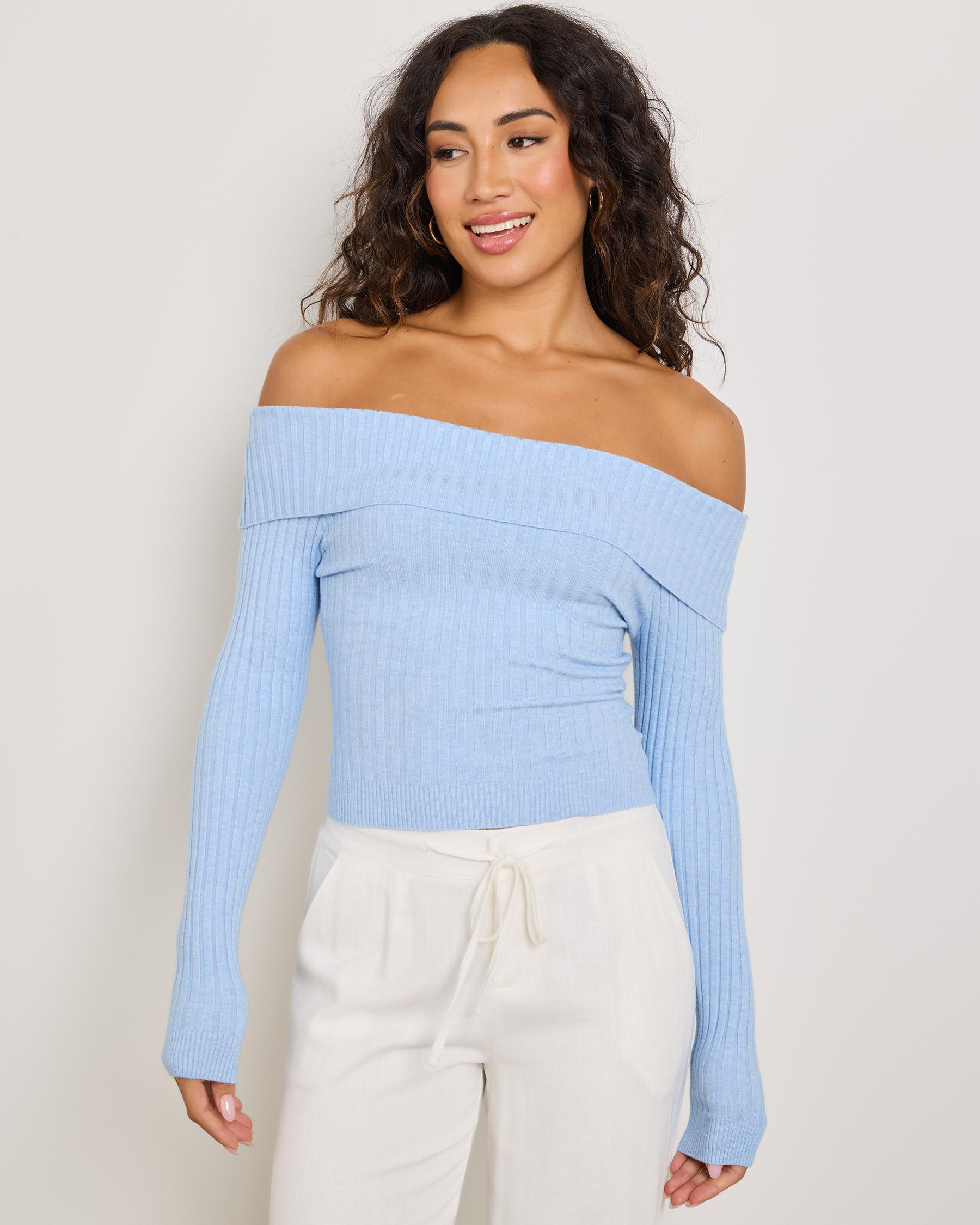 Shop Ava And Ever Ari Off Shoulder Knit Top In Light Blue - Fast ...