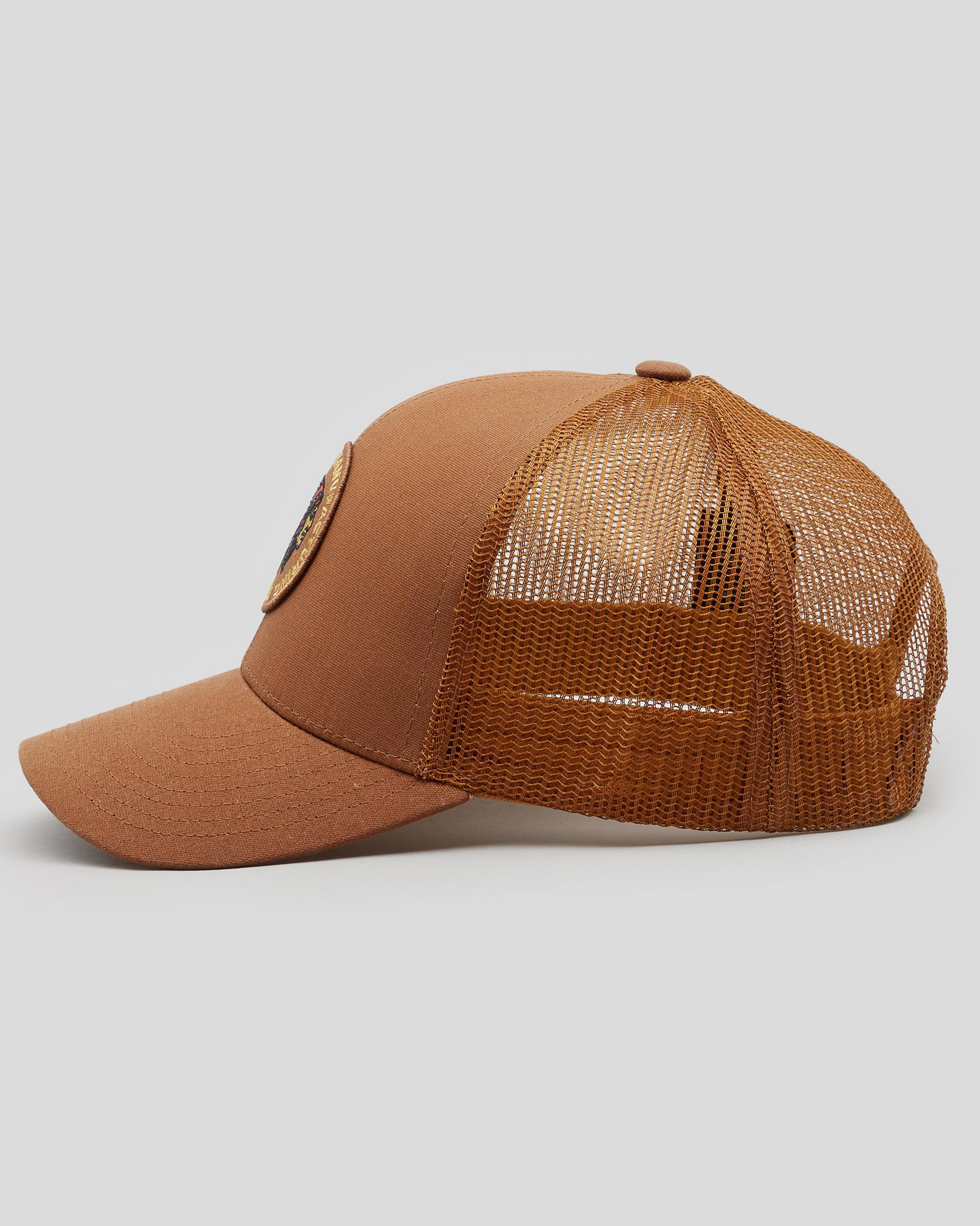 Shop Brixton Rival Stamp X Mesh Trucker Cap In Dark Caramel - Fast ...