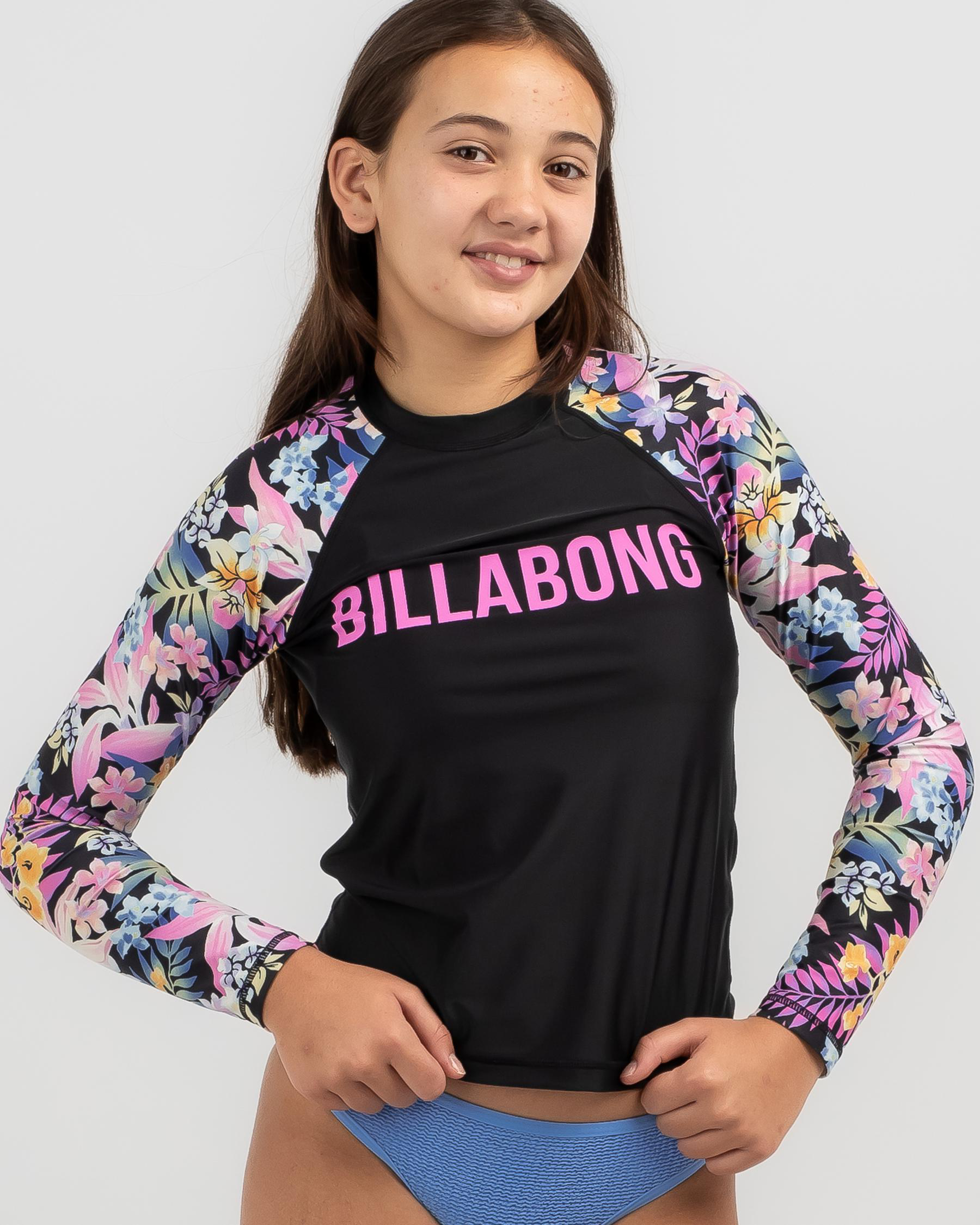 Shop Billabong Girls' Peaceful Palms Long Sleeve Rash Vest In Black ...