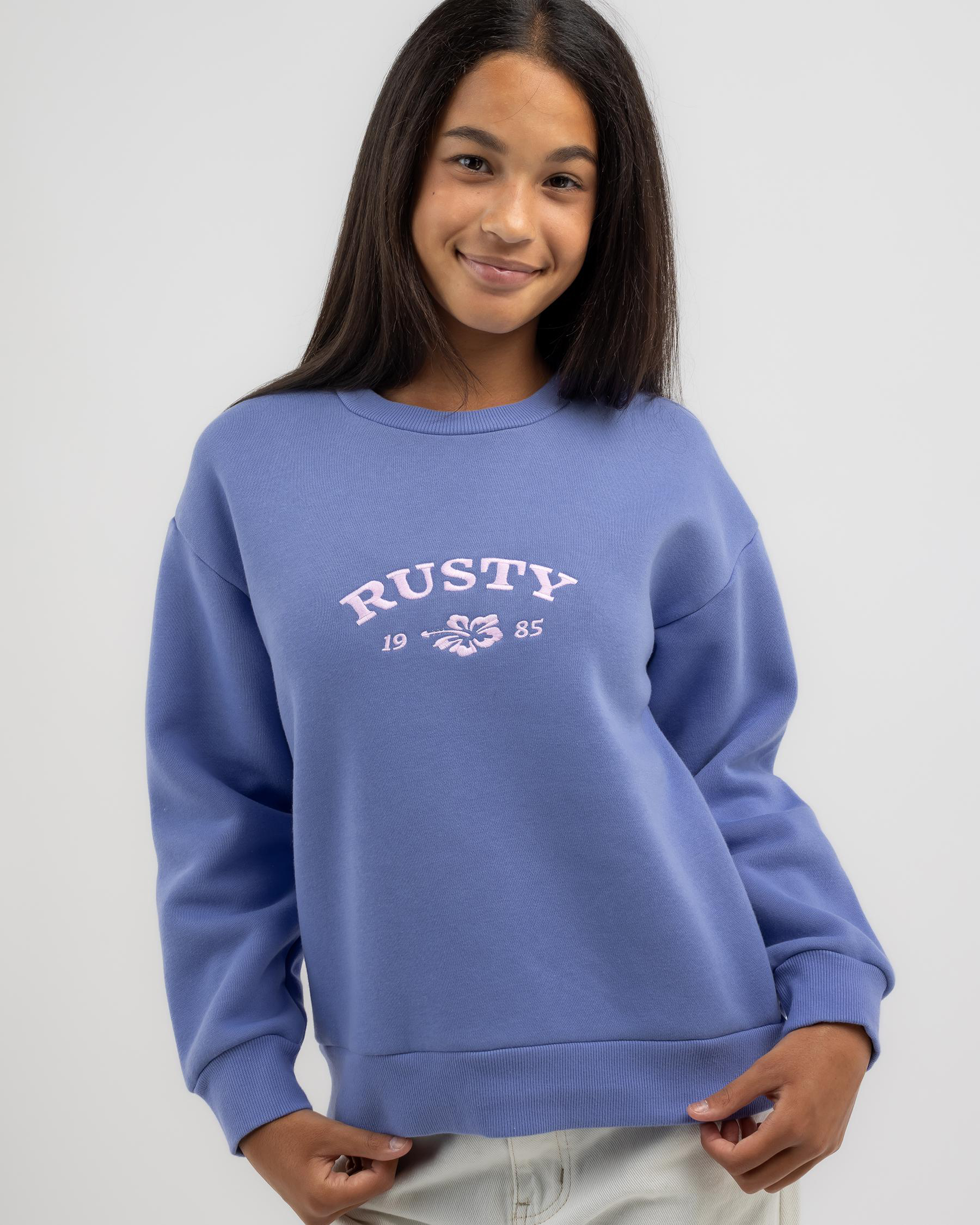 Shop Rusty Girls' Thriving Relaxed Crew Jumper In Periwinkle Blue ...