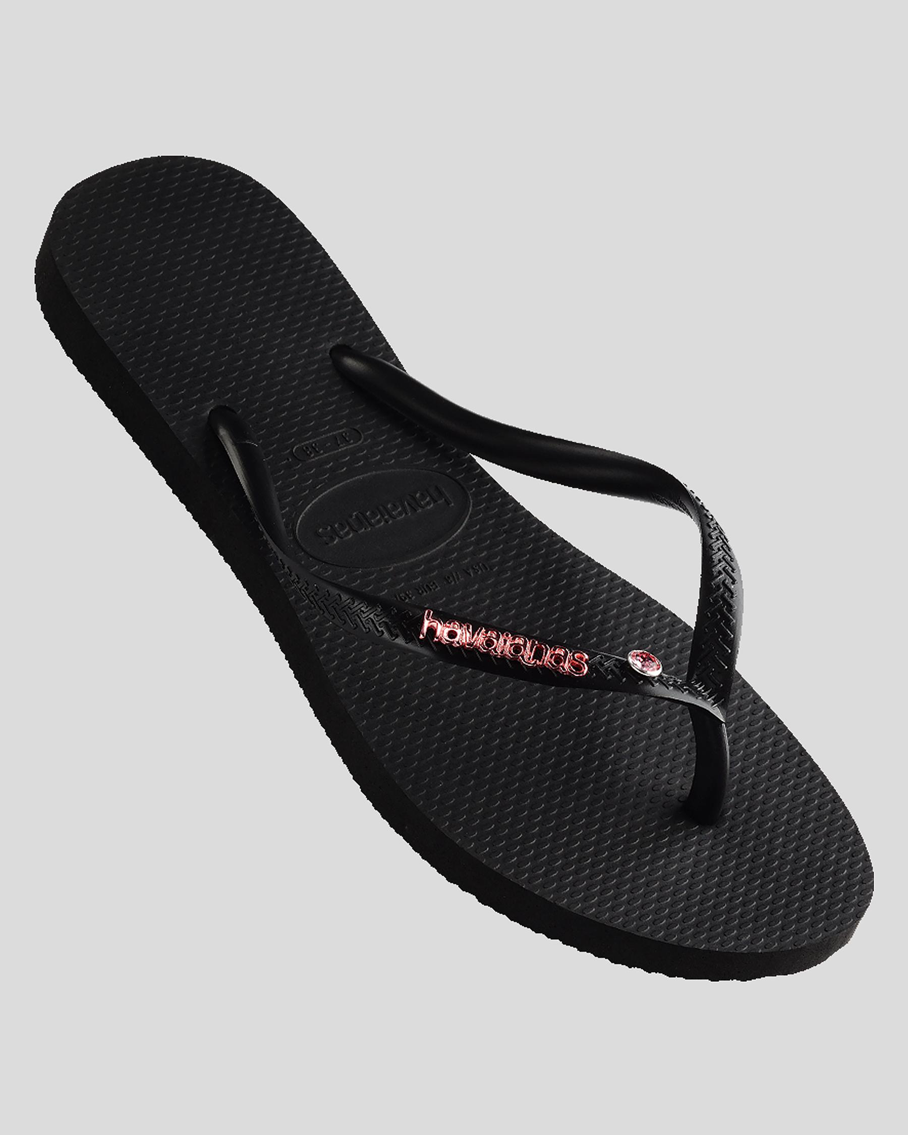 Shop Havaianas Slim Metal Logo Crystal Thongs In Black/pink - Fast ...