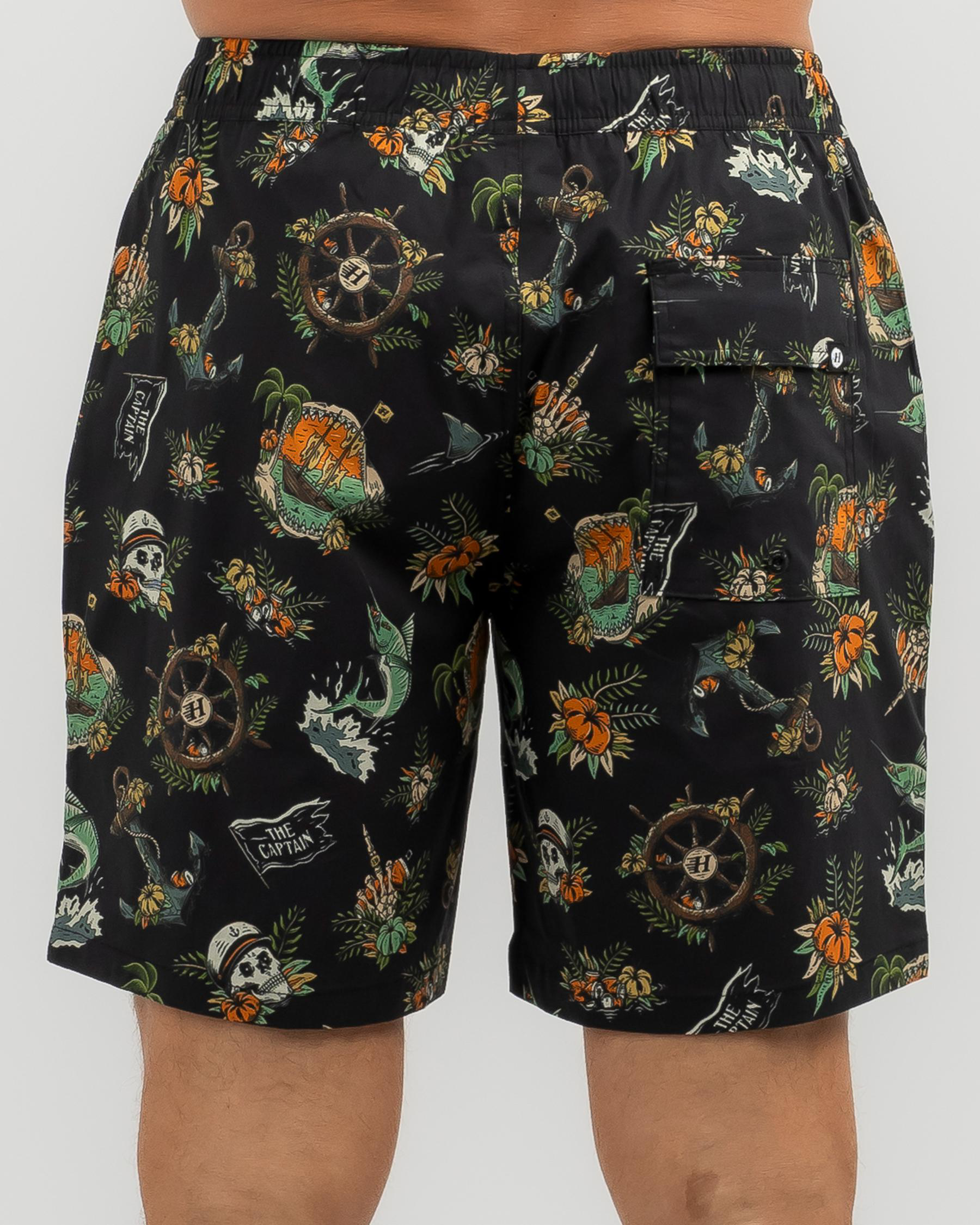 Shop The Mad Hueys Shipwrecked Captain Volley Shorts In Black - Fast ...