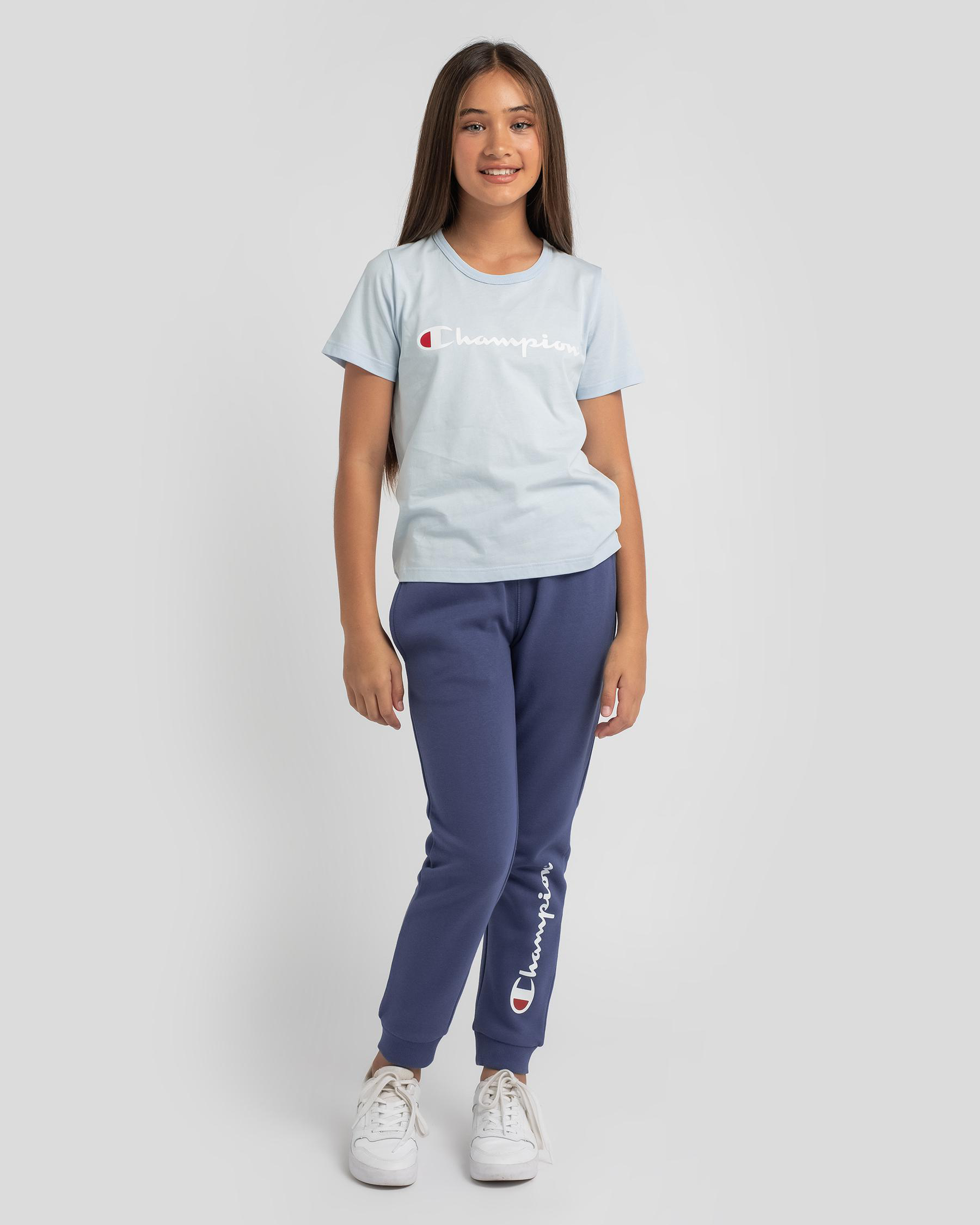 Shop Champion Girls' Logo Track Pants In French Chambray - Fast ...