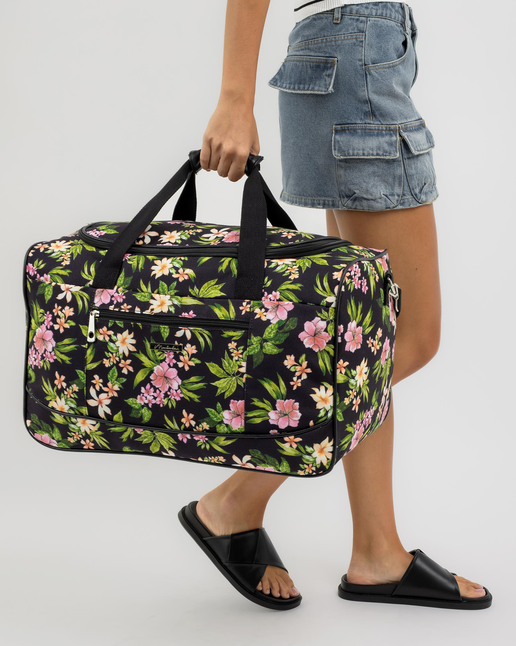 Shop Mooloola Poppy Overnight Bag In Black/pink Floral - Fast Shipping ...
