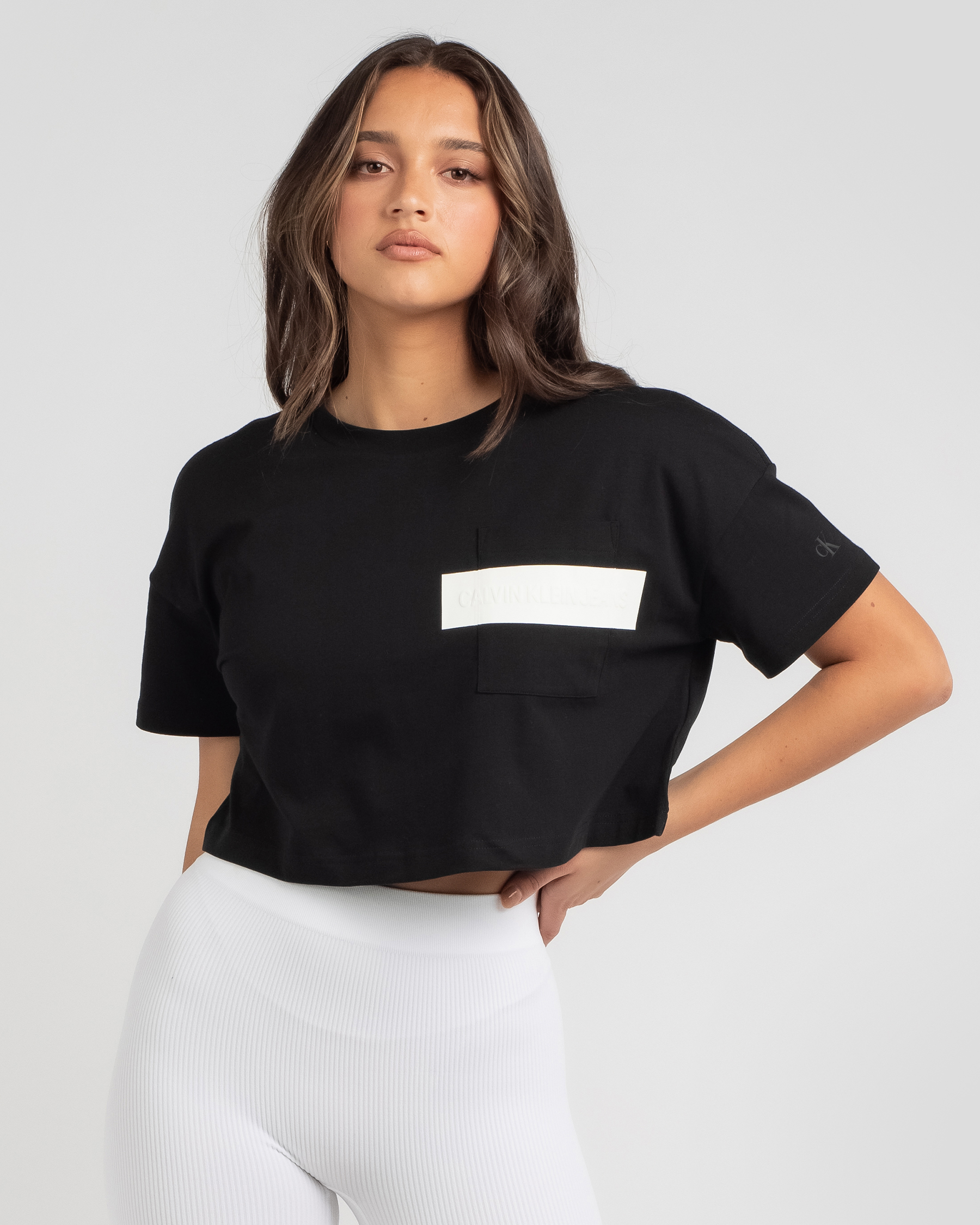 Shop Calvin Klein Hero Logo Crop Top In Ck Black/bright White - Fast ...