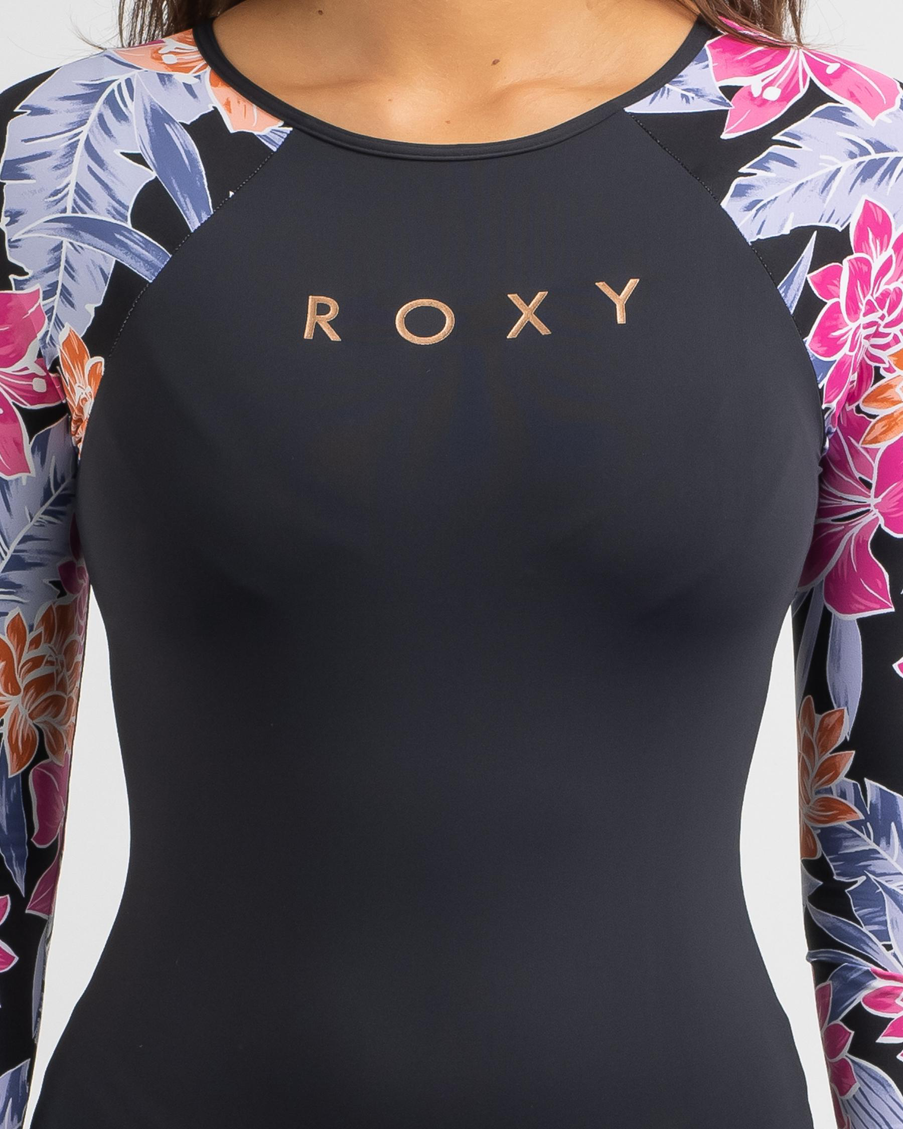 Roxy Fitness Long Sleeve Surfsuit In Anthracite Tropical Oasis - FREE ...