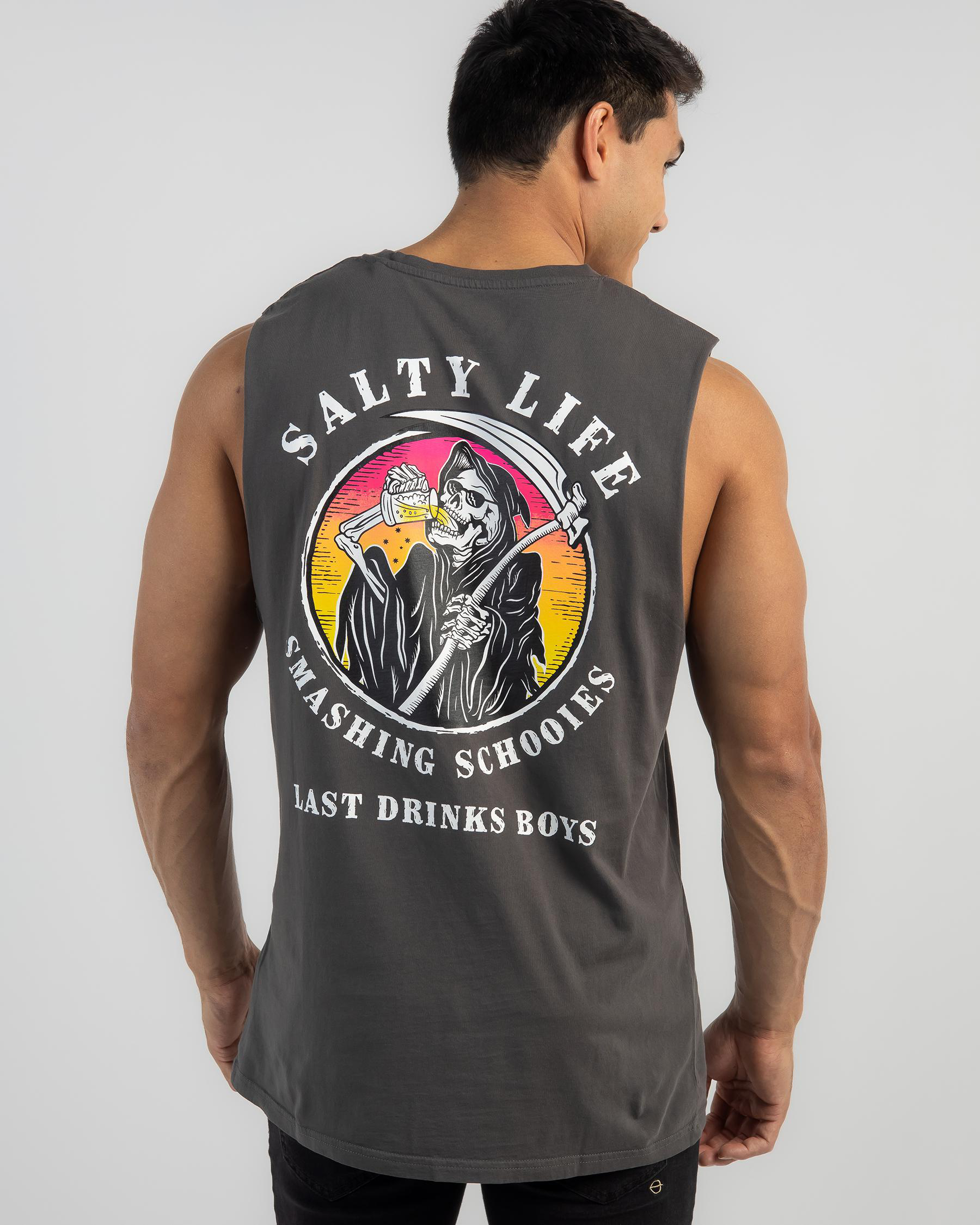 Salty Life Last Drinks Muscle Tank In Overdye Charcoal - Fast Shipping ...