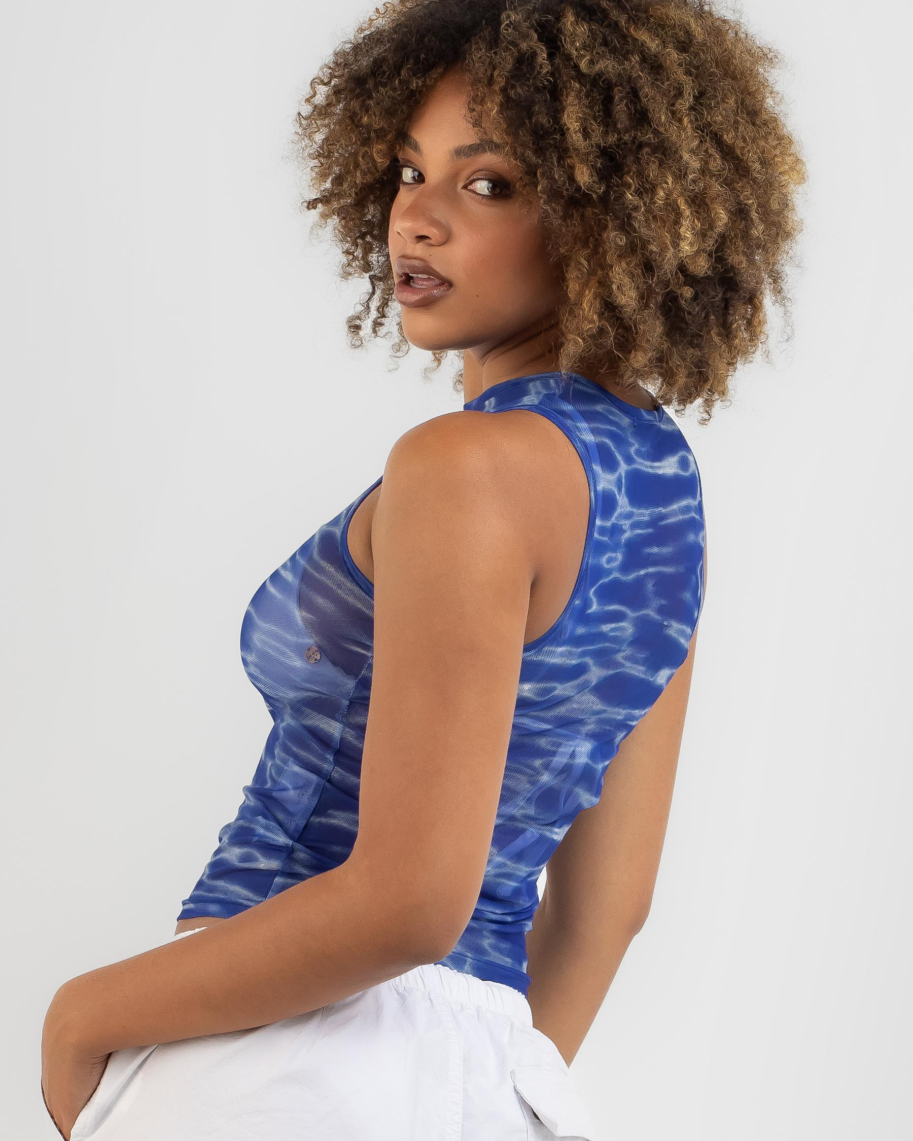 Shop Ava And Ever Gwen Mesh High Neck Tank Top In Blue - Fast Shipping ...