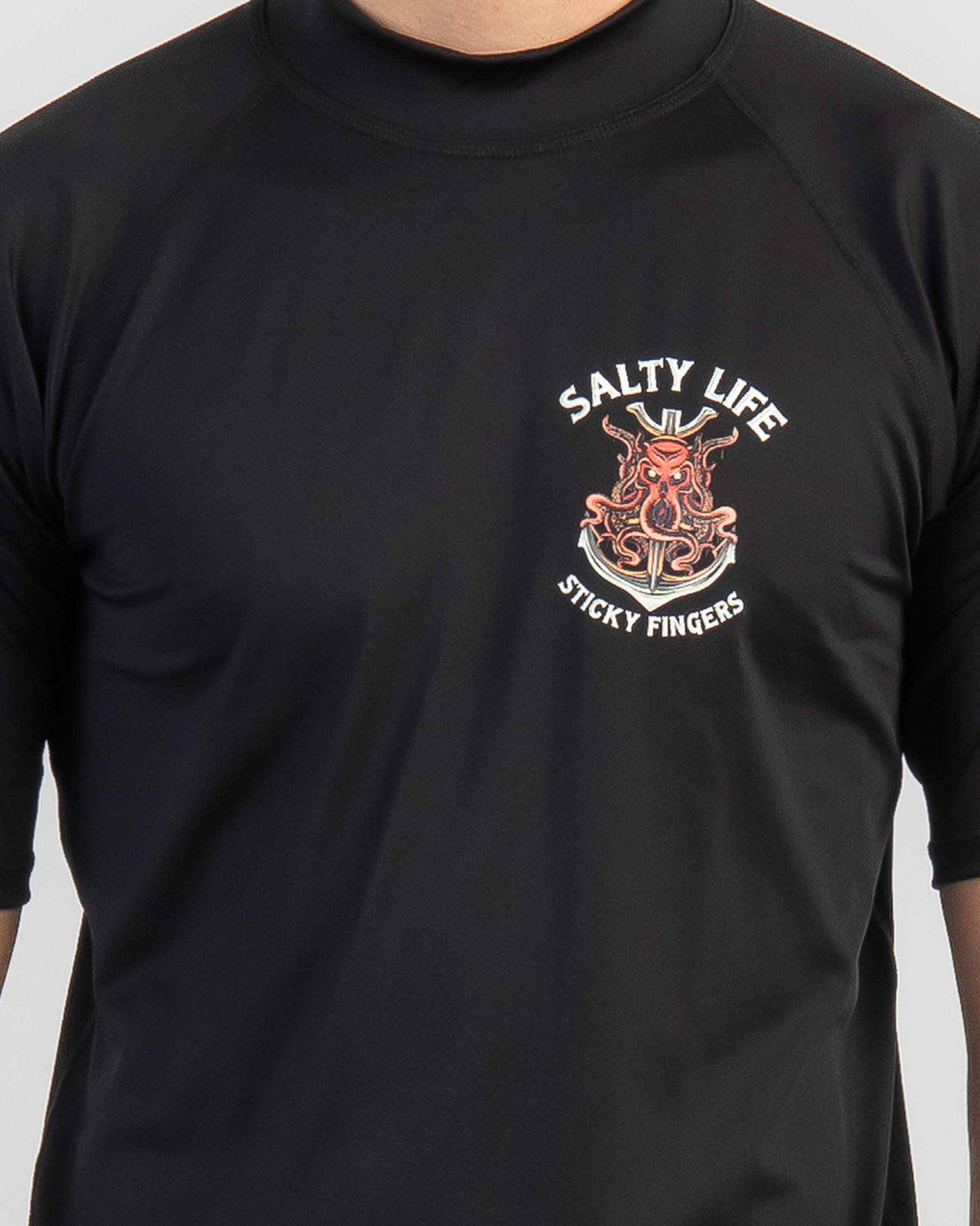 Shop Salty Life Sticky Fingers Short Sleeve Rash Vest In Black - Fast ...