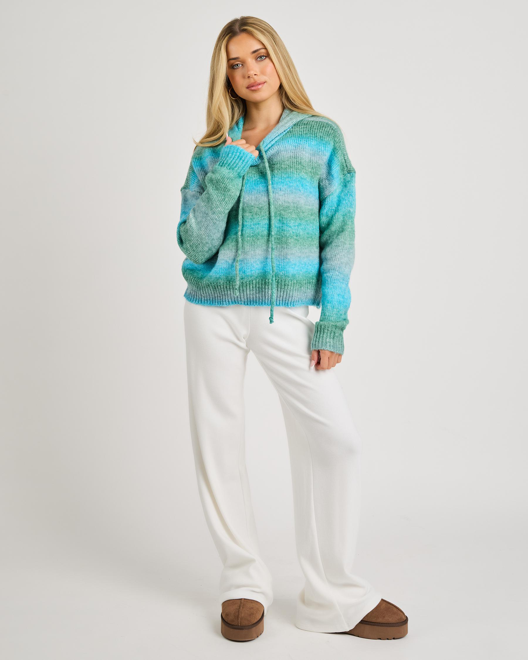 Shop Mooloola Miami Hooded Knit Jumper In Blue/green - Fast Shipping ...