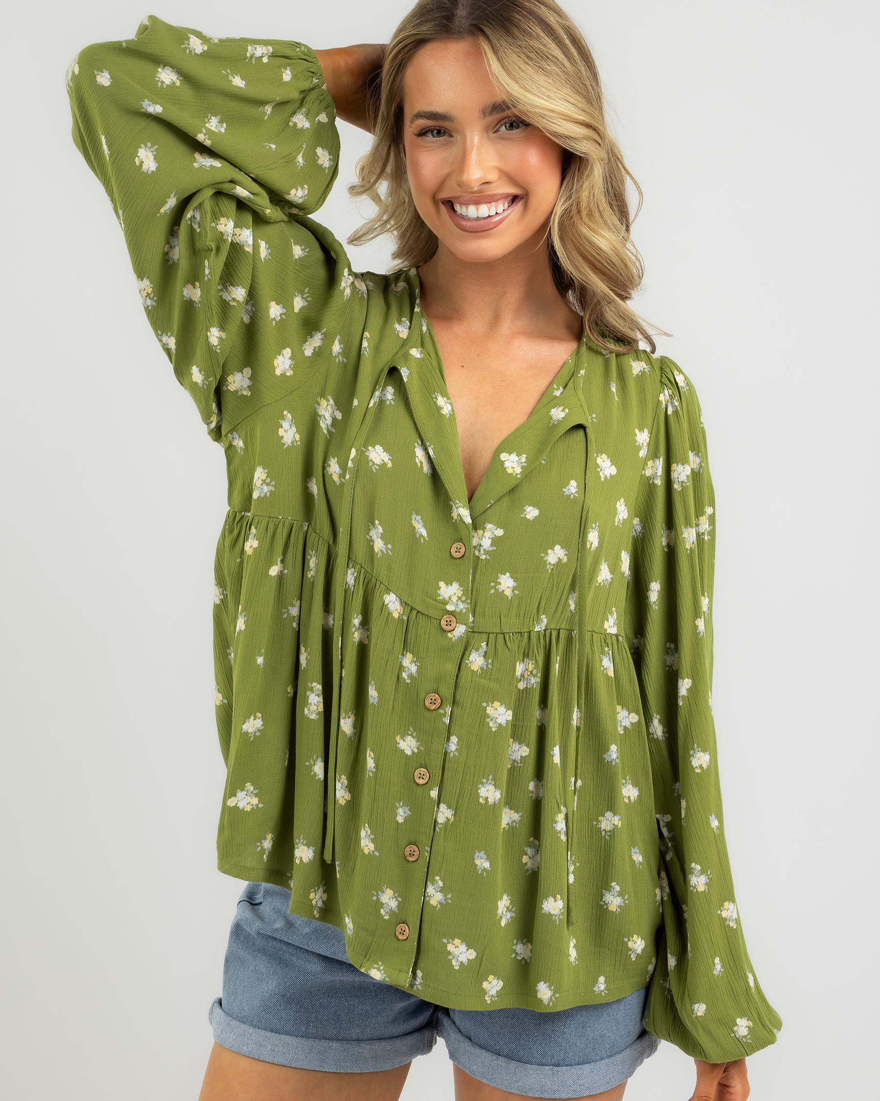 Shop Billabong Free Fallin Long Sleeve Top In Green Eyes - Fast ...