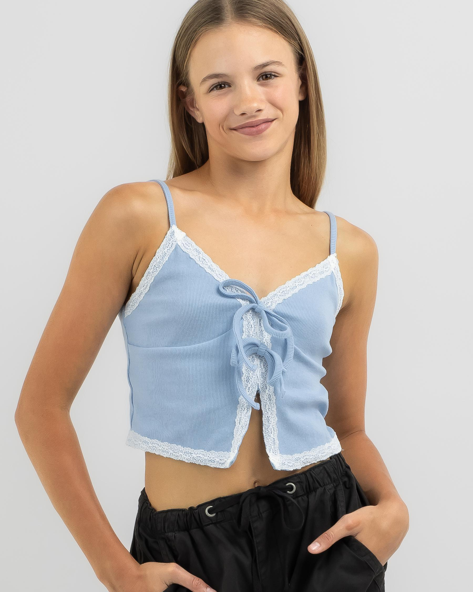 Shop Mooloola Girls' Theresa Tie Up Cami Top In Baby Blue/white - Fast ...