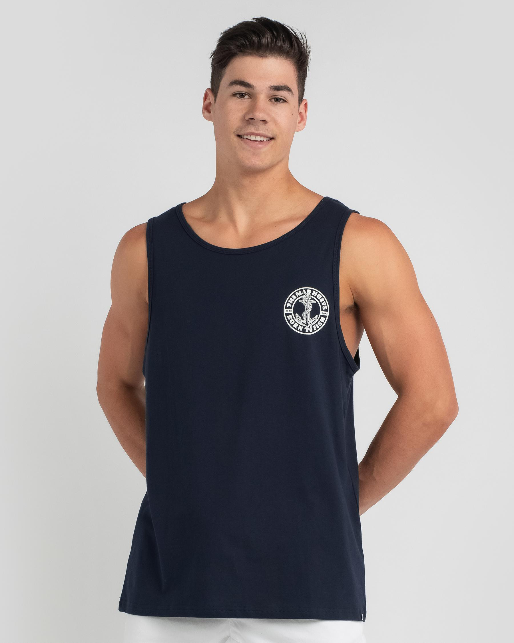 Shop The Mad Hueys Anchor Drift Muscle Tank In Navy - Fast Shipping ...