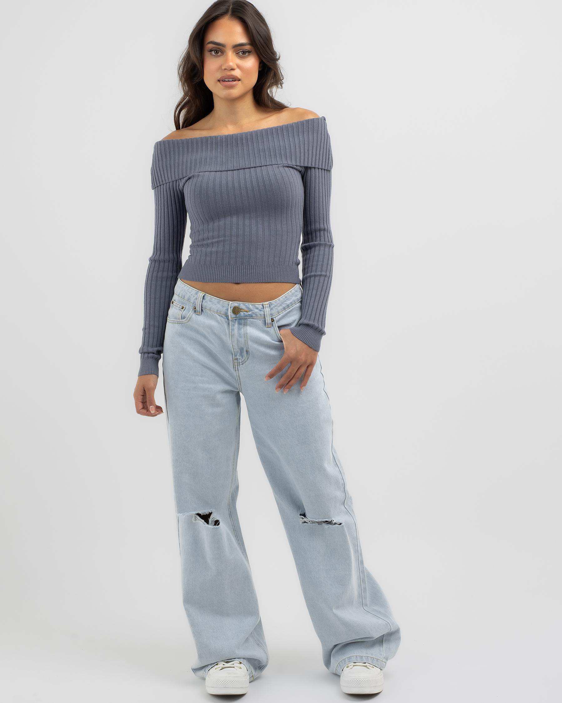 Shop Ava And Ever Ari Off Shoulder Knit Top In Steel Blue - Fast ...