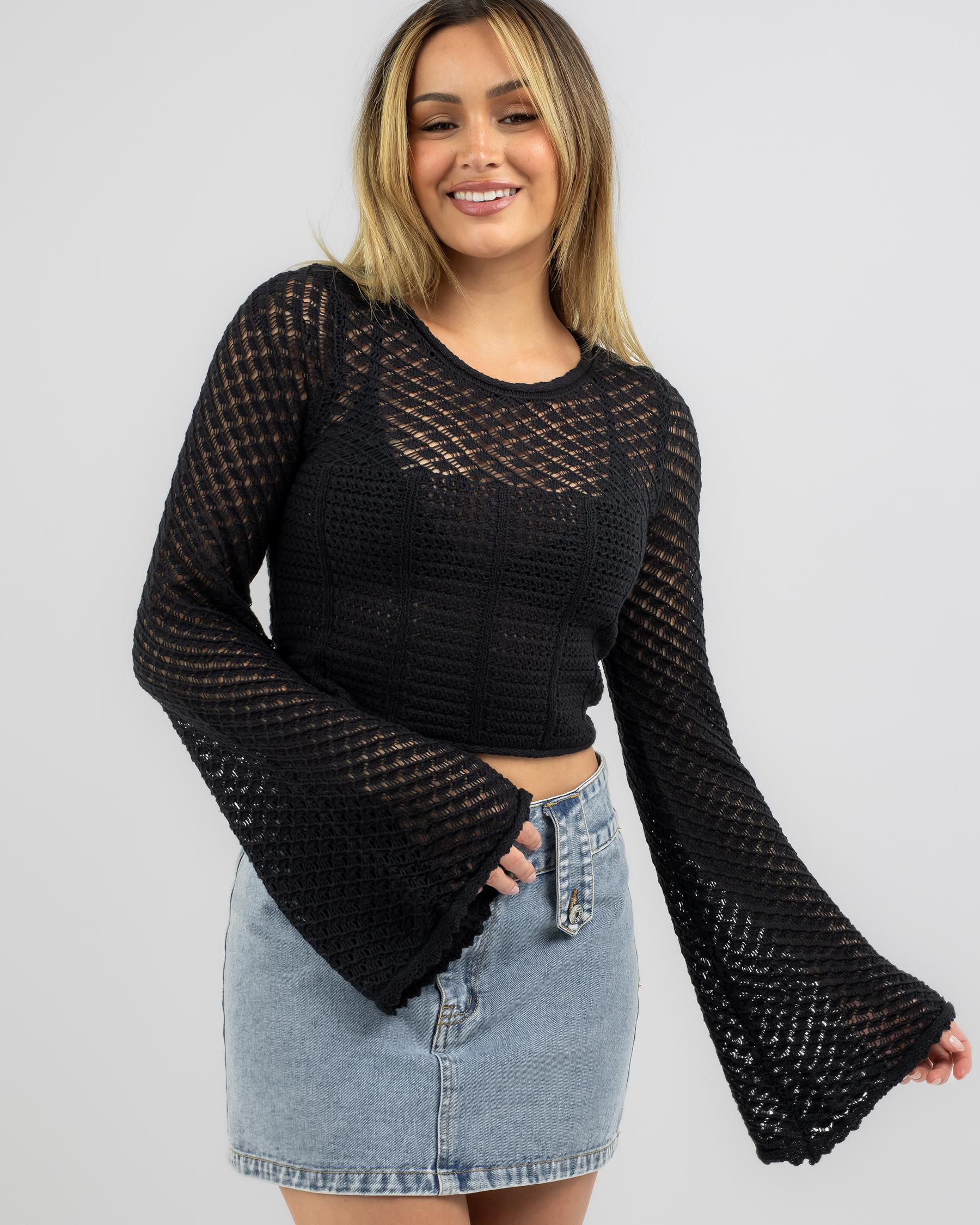 Shop Thanne Lola Crochet Long Sleeve Knit Top In Black - Fast Shipping ...