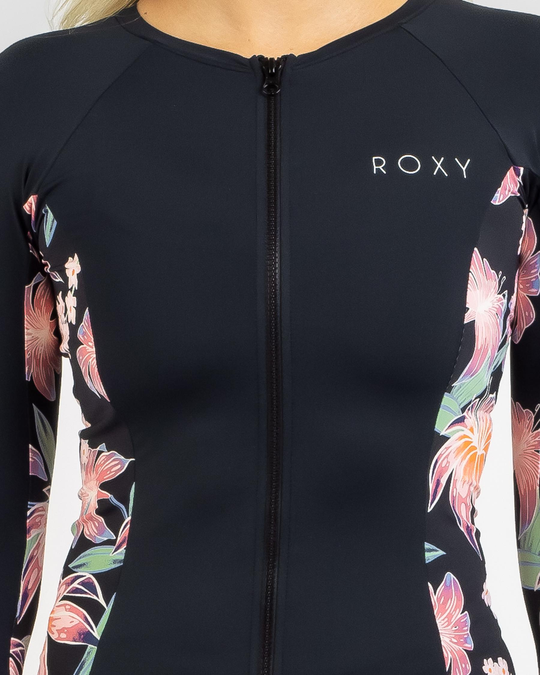 Shop Roxy Zip Through Long Sleeve Rash Vest In Anthracite Paradise ...