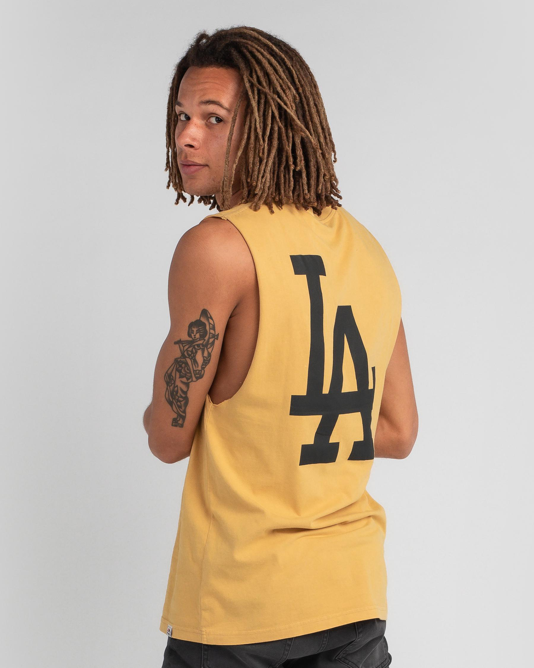 Shop Majestic LA Dodgers Wash Vinny Muscle Tank In Washed Camel - Fast ...