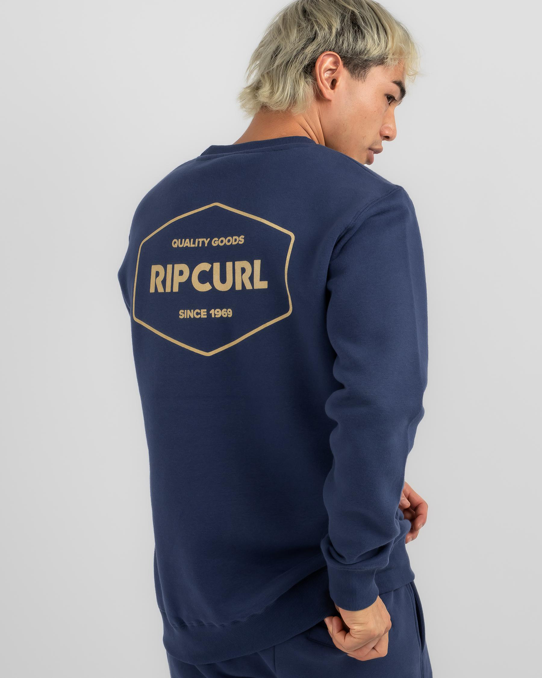 Shop Rip Curl Stapler Crew Neck Sweatshirt In Washed Navy - Fast ...