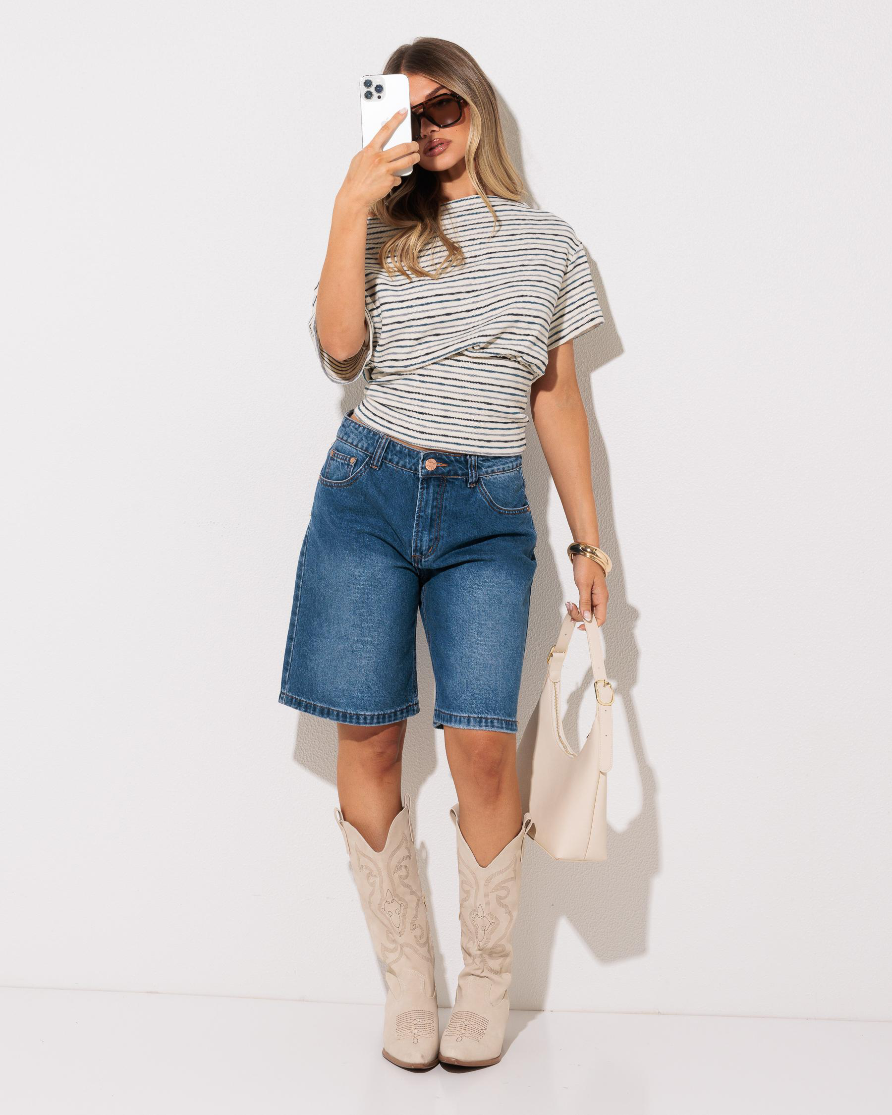 Shop Mooloola Coogee Off Shoulder Top In Cream/navy - Fast Shipping ...