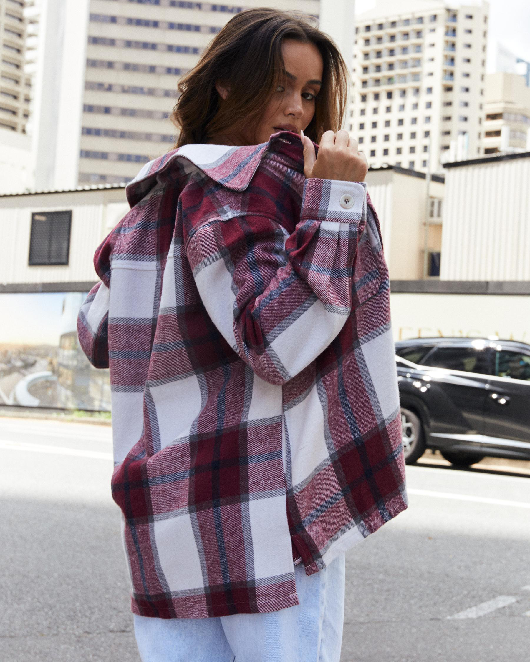 Shop Ava And Ever Ricky Shacket In Maroon/cream - Fast Shipping & Easy ...