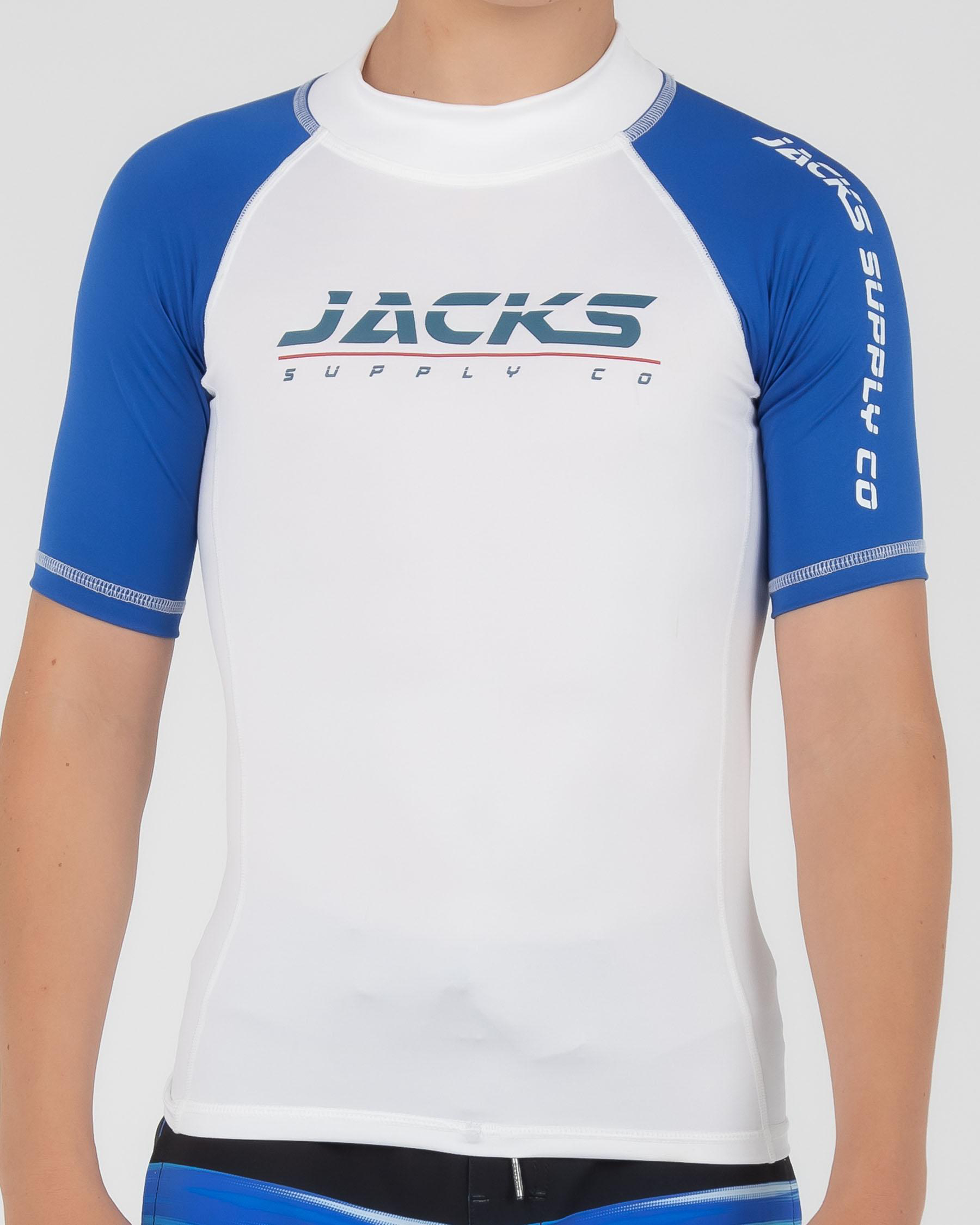 Shop Jacks Boys' Whitewash Short Sleeve Rash Vest In White/cyan - Fast ...