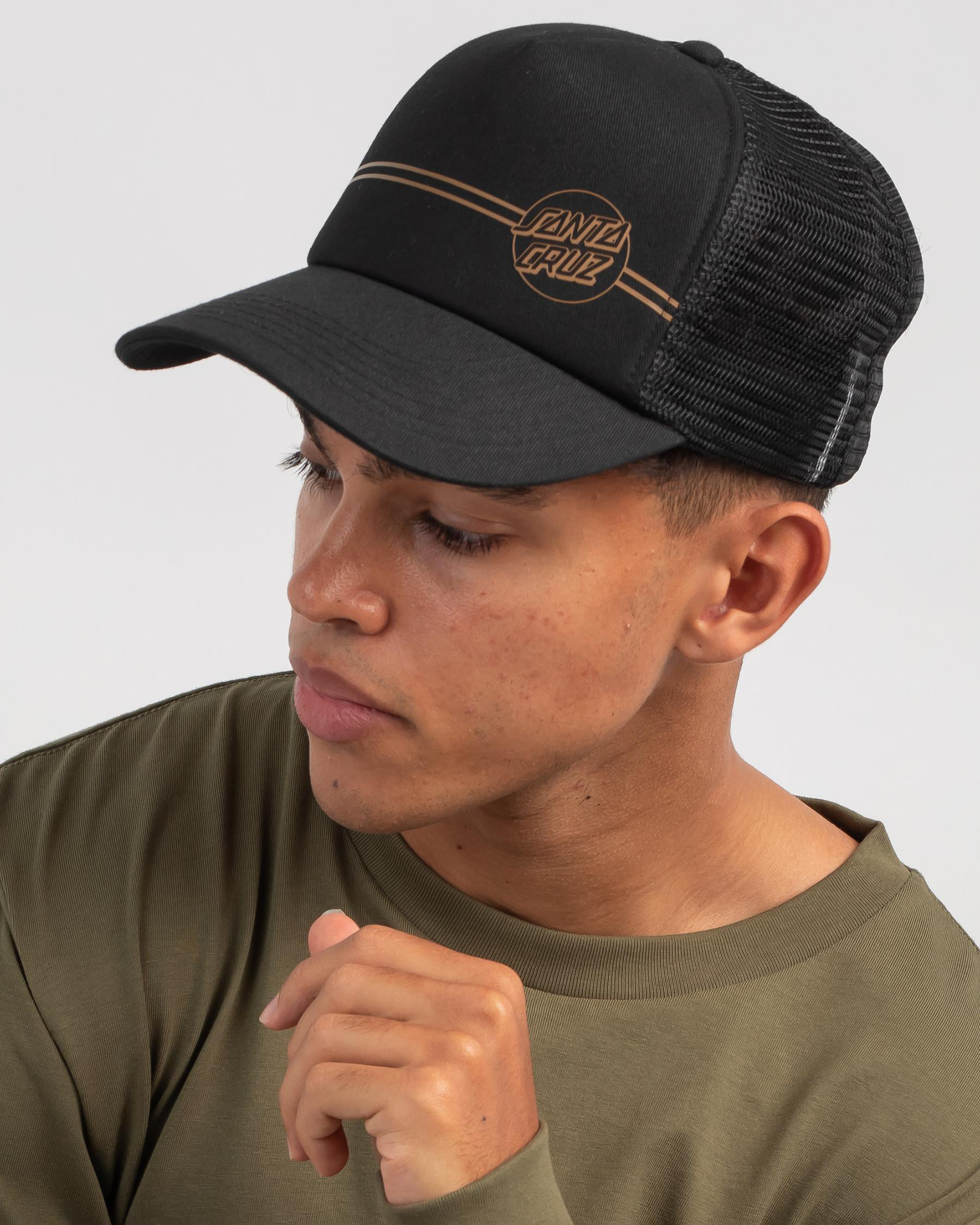 Shop Santa Cruz Opus Dot Stripe Trucker Cap In Black - Fast Shipping ...