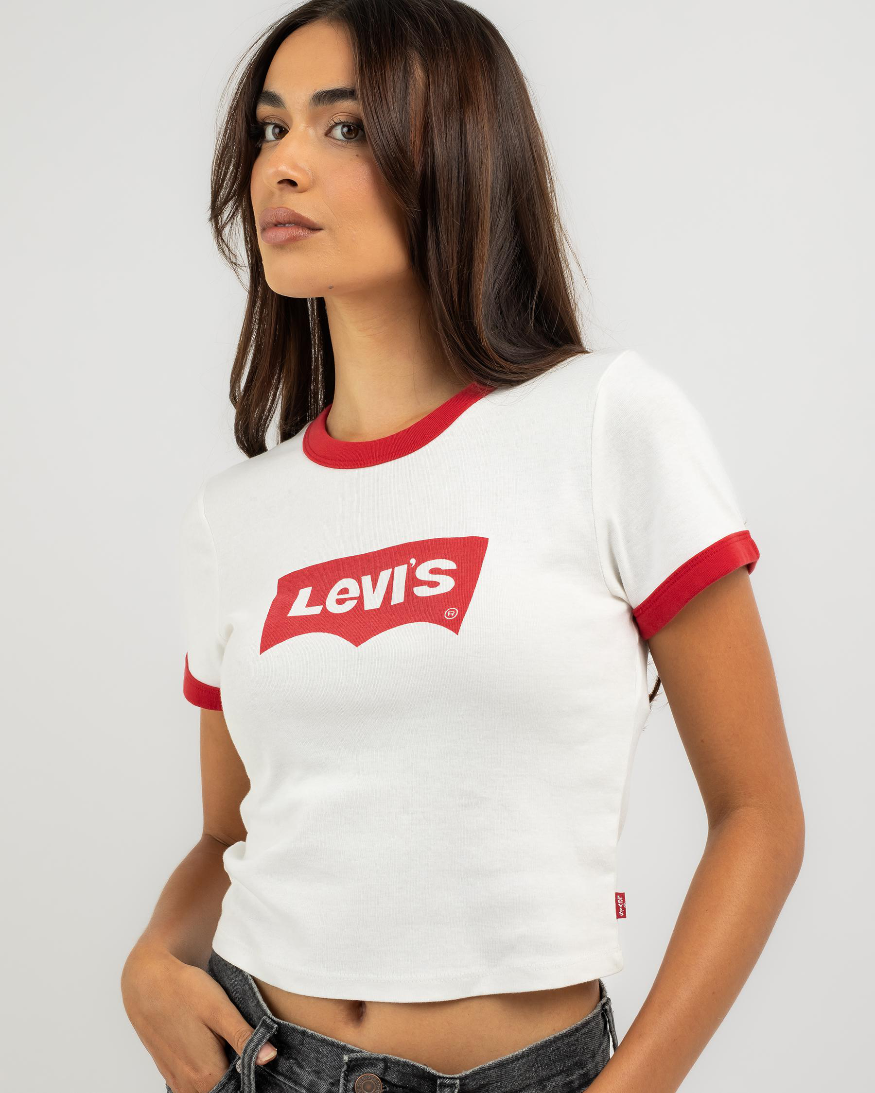 Shop Levi's Graphic Ringer Baby Tee In Wonky Bw Cloud Dancer - Fast ...